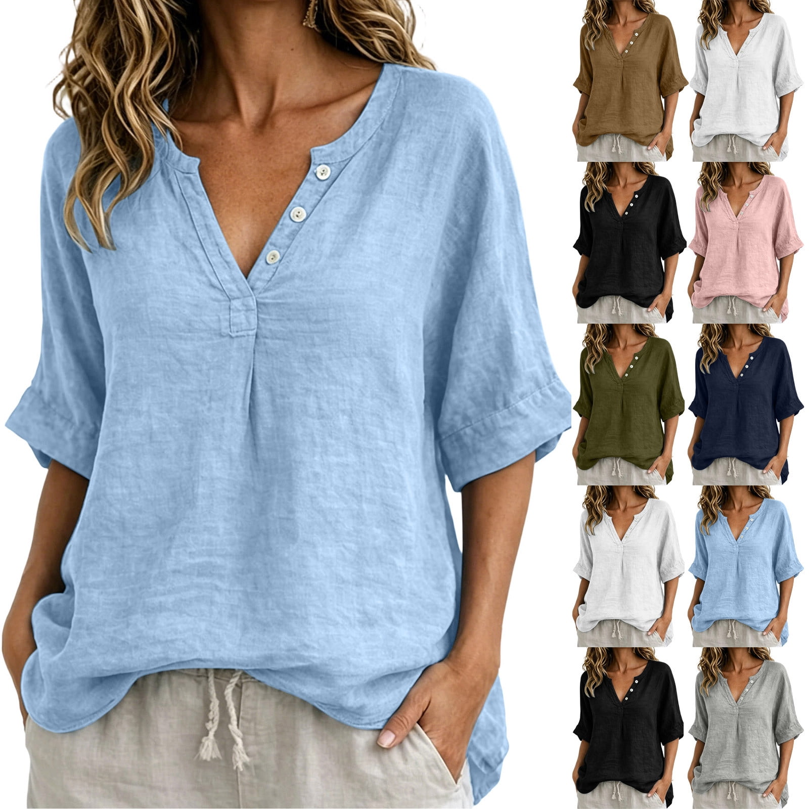 Abomasnow Women's Cotton Shirts Quarter Button Short Sleeve V-Neck ...