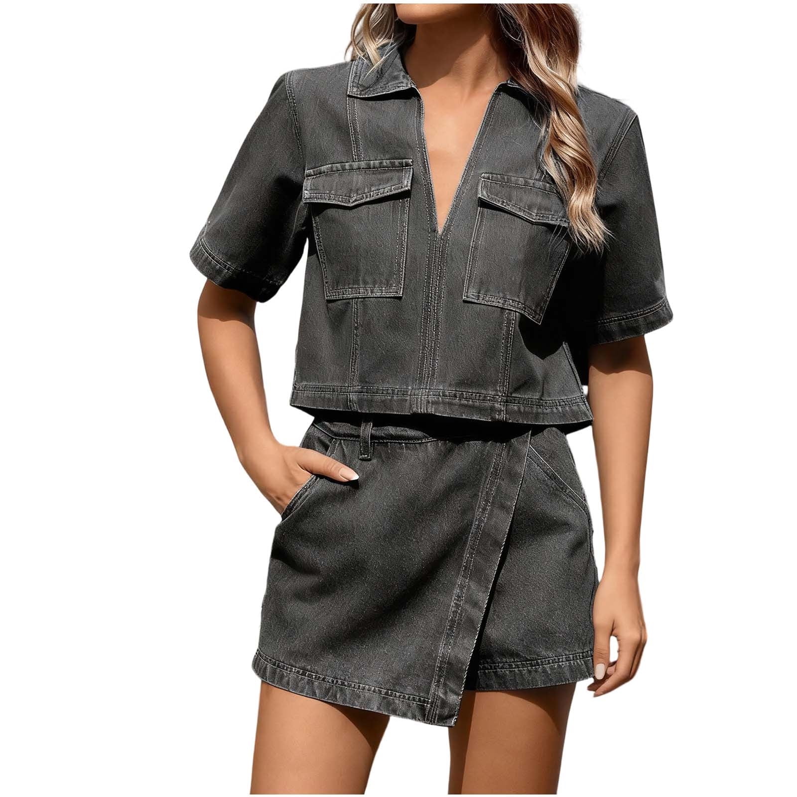 Abomasnow Women's Denim 2 Piece Outfits Short Sleeve Lapel V Neck Jean ...