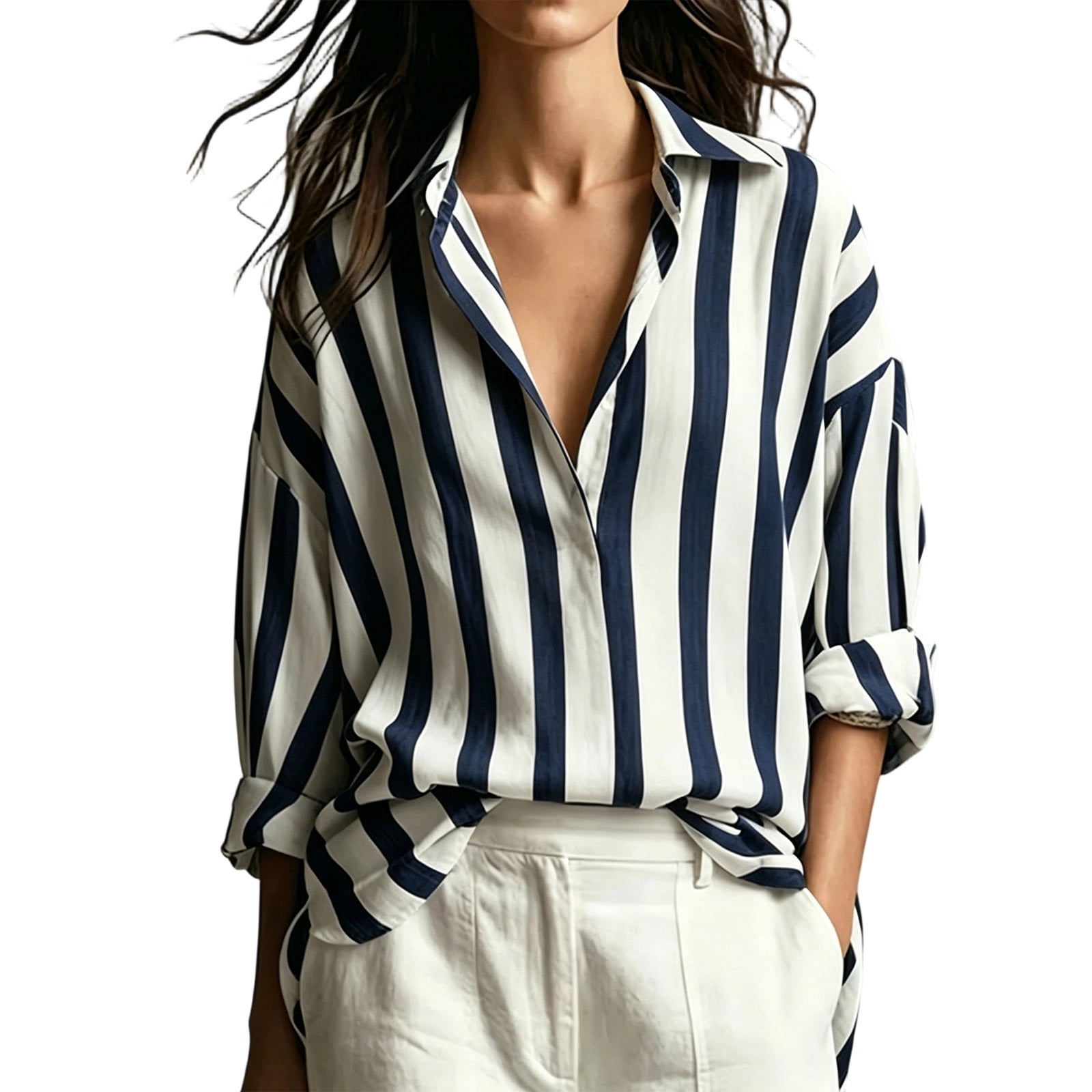 Abomasnow Women's Dressy Shirts Striped Long Sleeve Collared Oversized ...