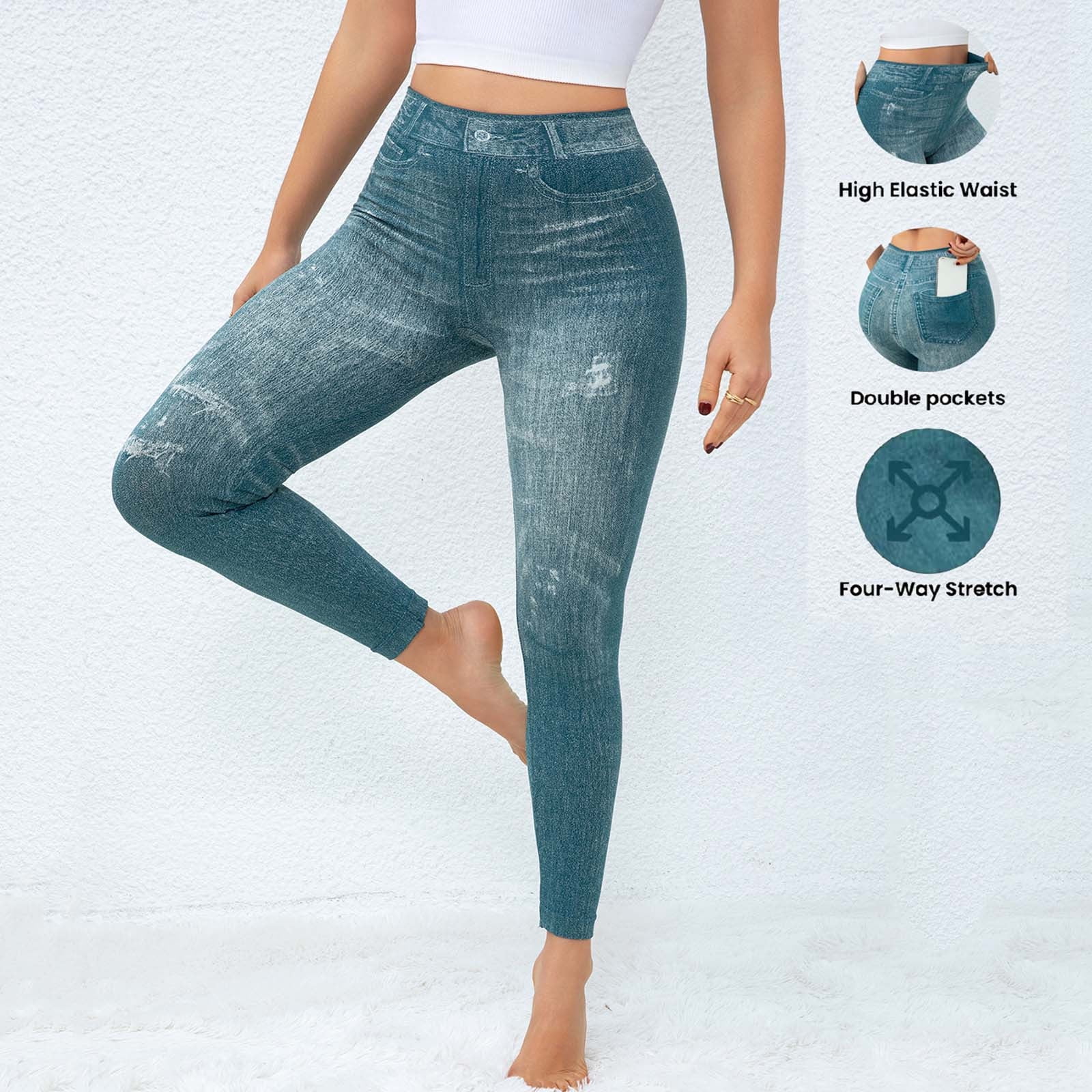 Abomasnow Women's Fake Jeans Denim Print Seamless Yoga Leggings High ...