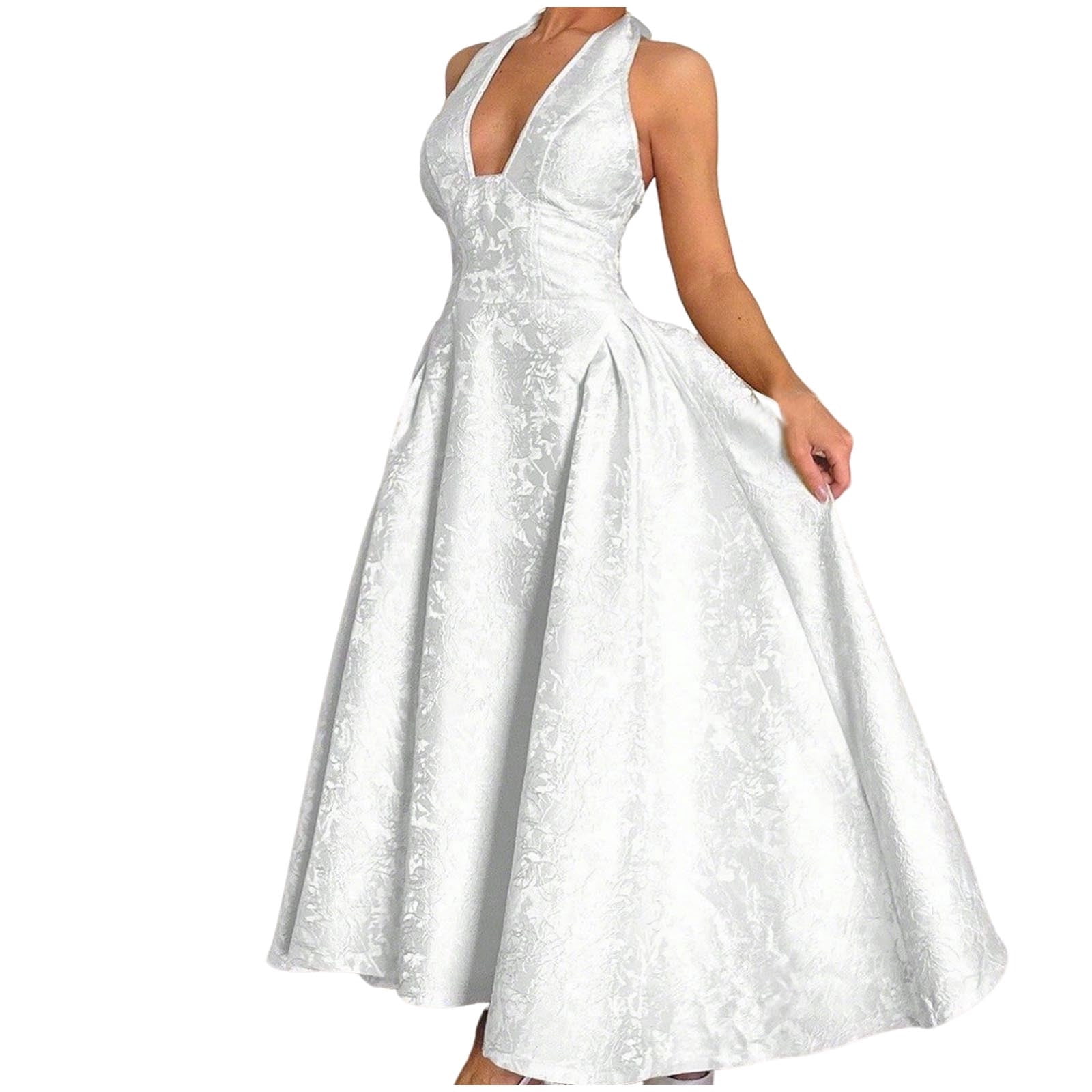 Abomasnow Women's Halter Neck Prom Dresses Deep V Neck Jacquard Satin ...