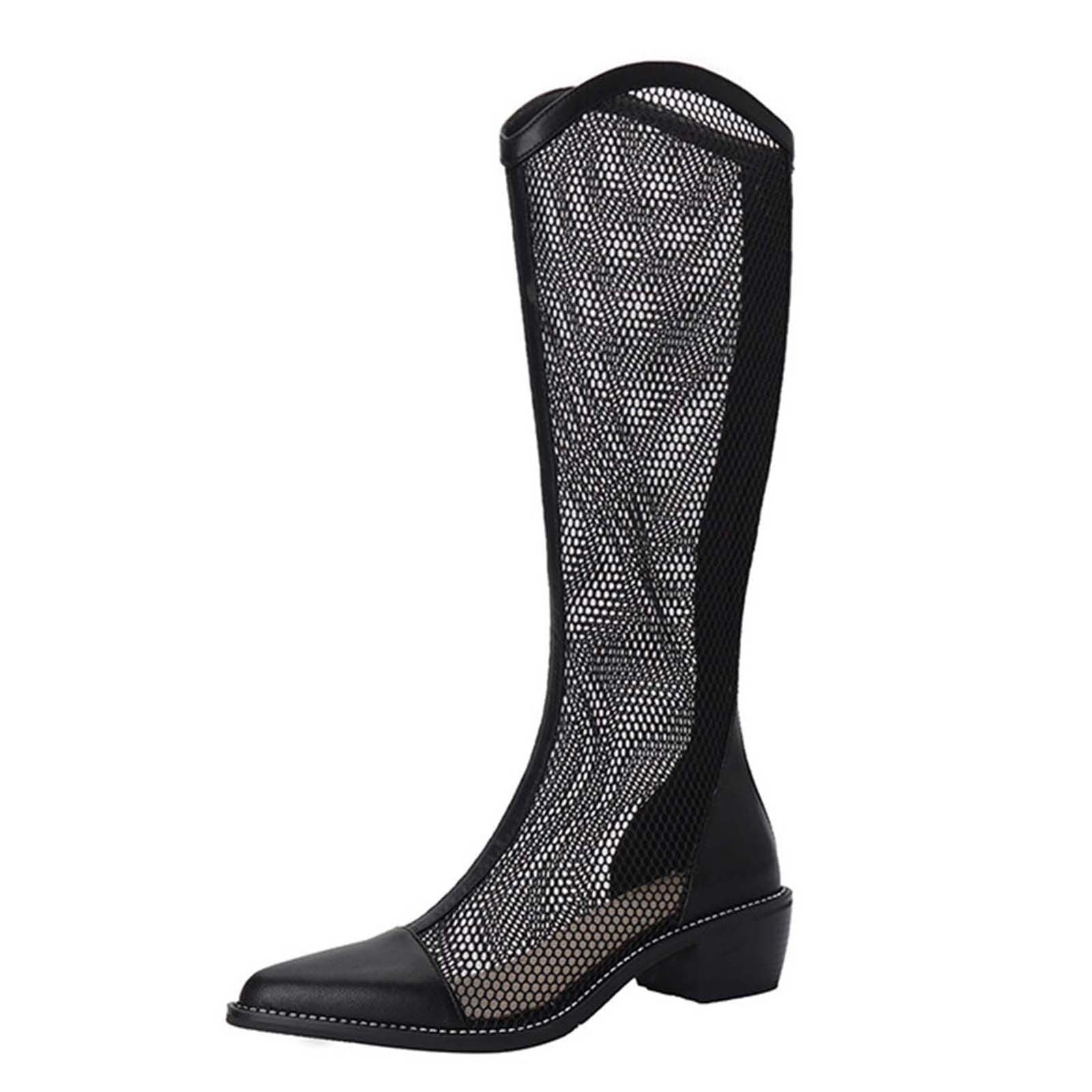 Abomasnow Women's Mesh Knee High Boots with Pointed Toe and Low Block ...