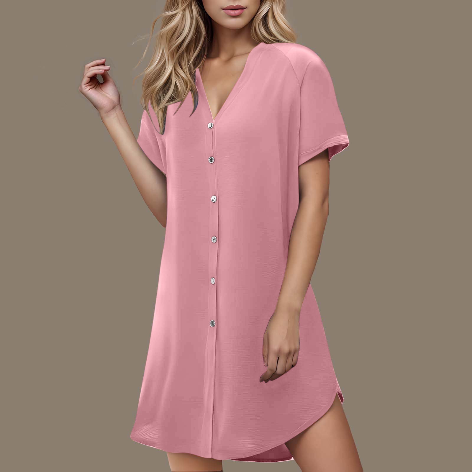 Abomasnow Women's Nightgown Short Sleeve Button Up Sleepshirt Solid ...