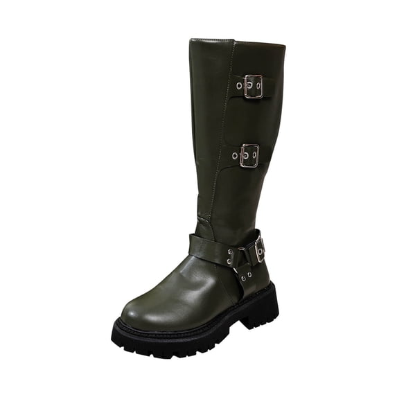 Abomasnow Women's PU Multi Buckle Knee High Boots with Side Zipper and ...