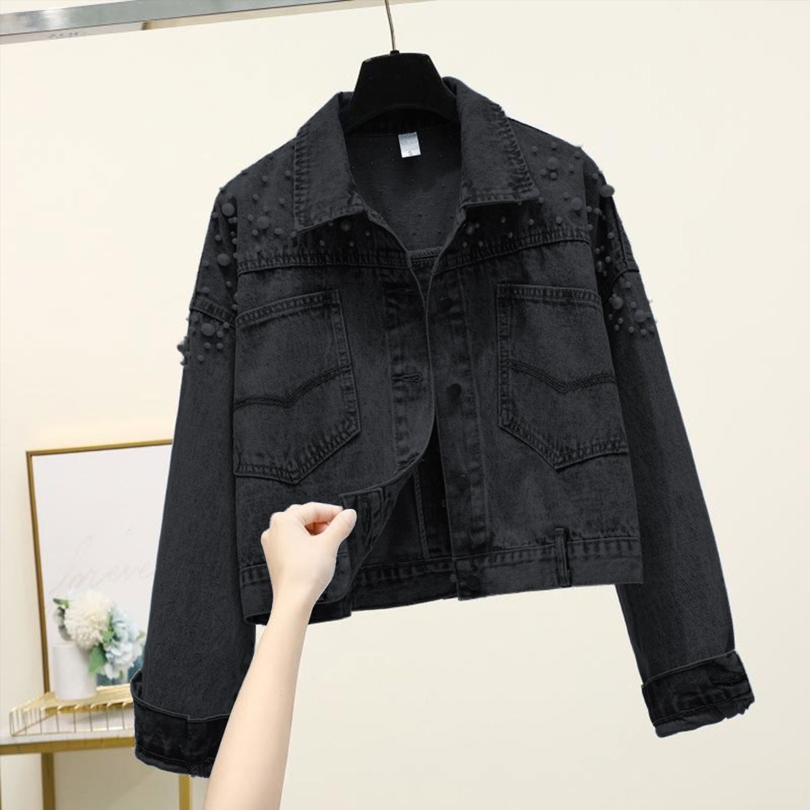 Abomasnow Women's Pearls Denim Jacket Cropped Rhinestones Jean Jacket ...