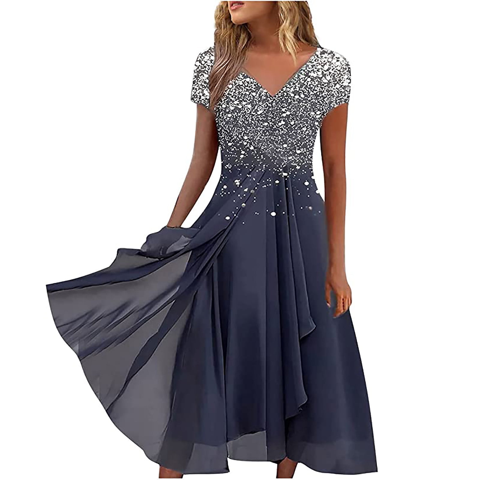 Abomasnow Women's Sequin Dress Sparkly Glitter V-Neck Chiffon Midi ...