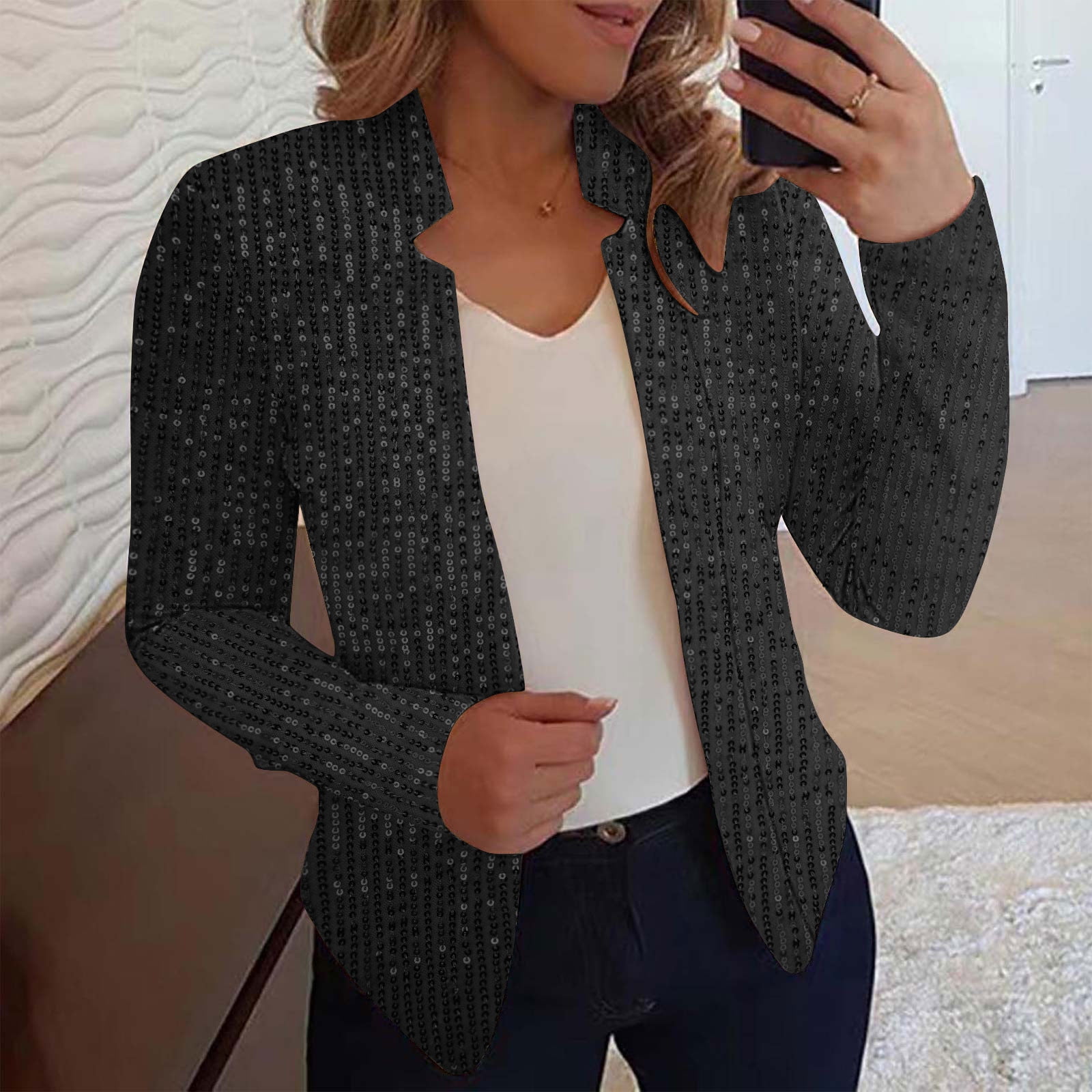 Abomasnow Women’s Sequin Short Jackets Long Sleeve Open Front Coat ...