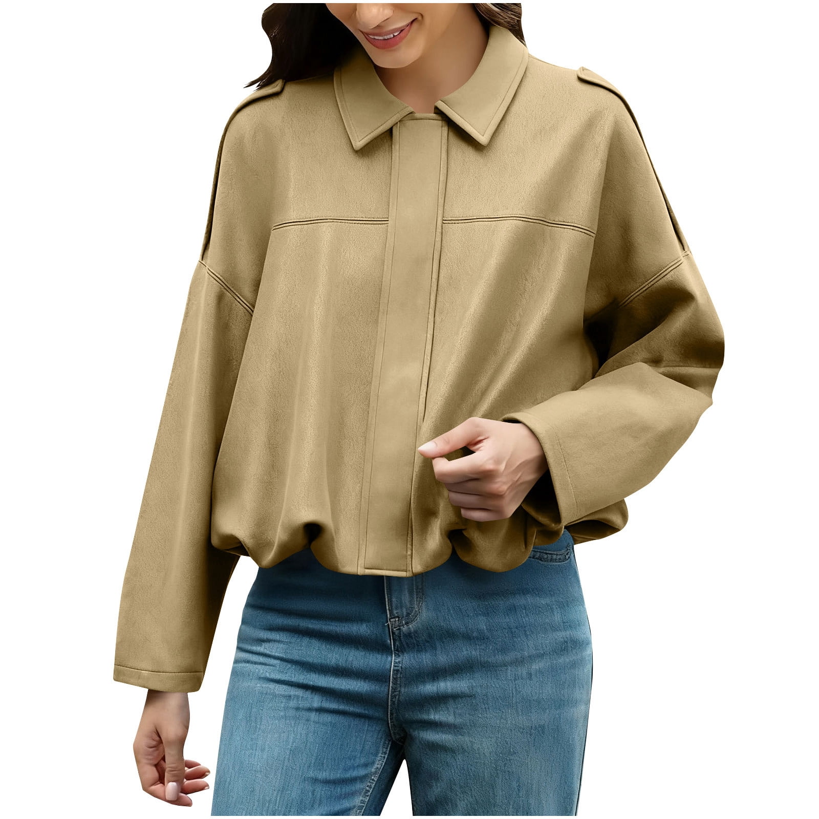 Abomasnow Women's Suede Bomber Jacket Casual Oversized Bell Sleeve ...