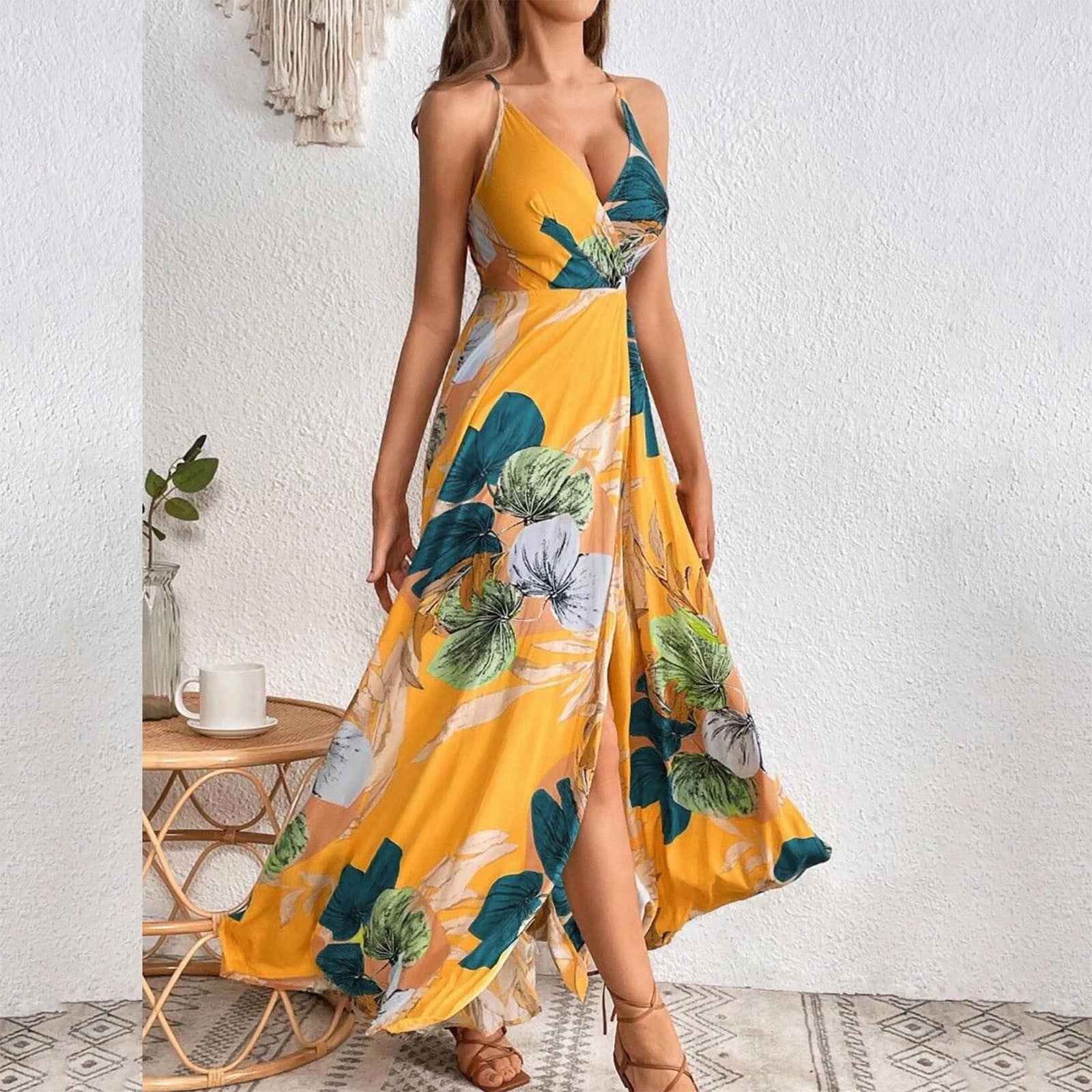 Abomasnow Women's Summer Spaghetti Strap Maxi Dress Sexy V Neck ...