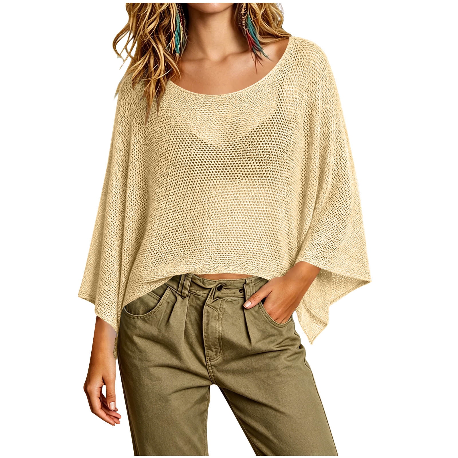 Abomasnow Womens Crochet Cover Ups Shirts Batwing Sleeve Crewneck Crop ...