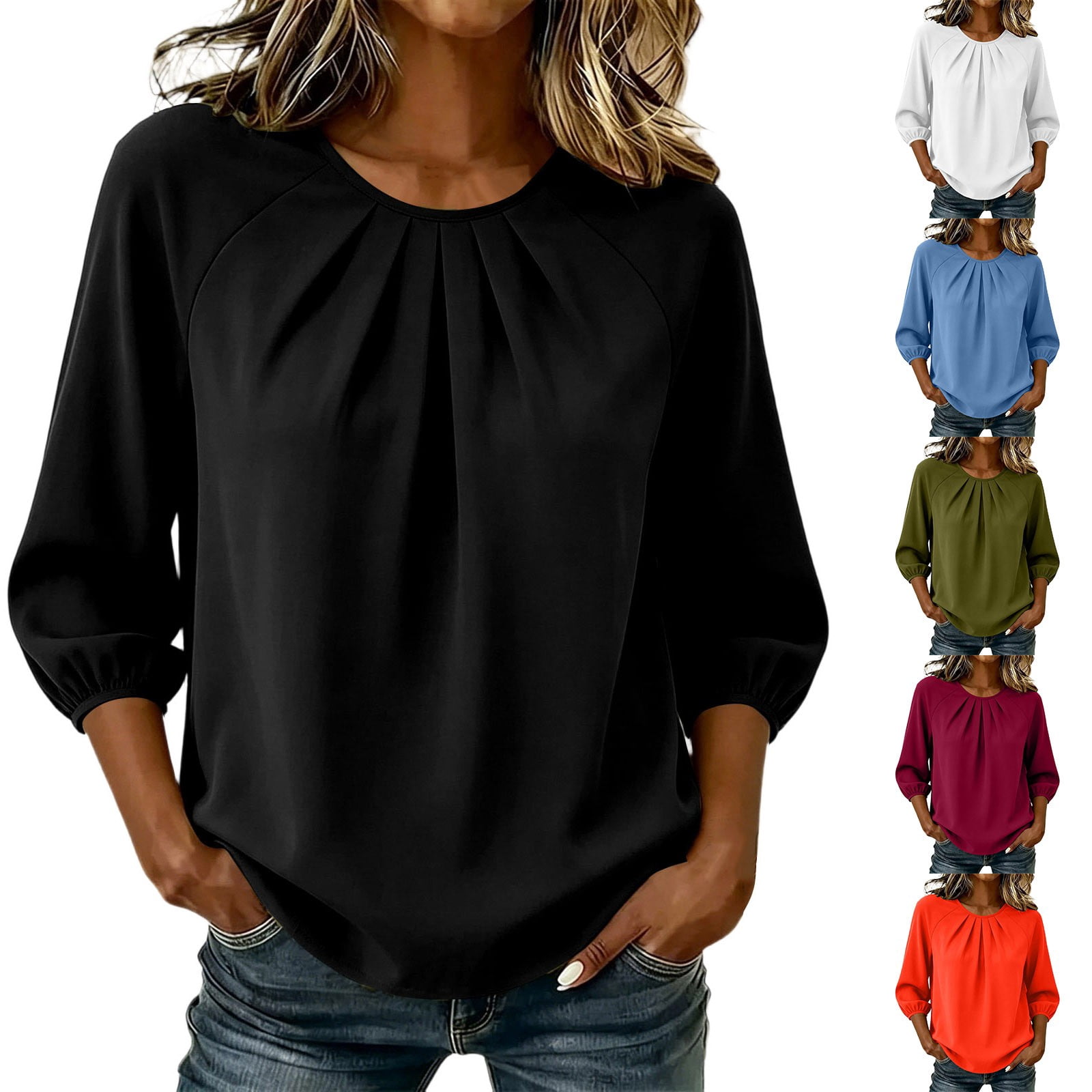 Abomasnow Womens Dressy Shirts 3/4 Length Sleeve Crewneck Pleated ...