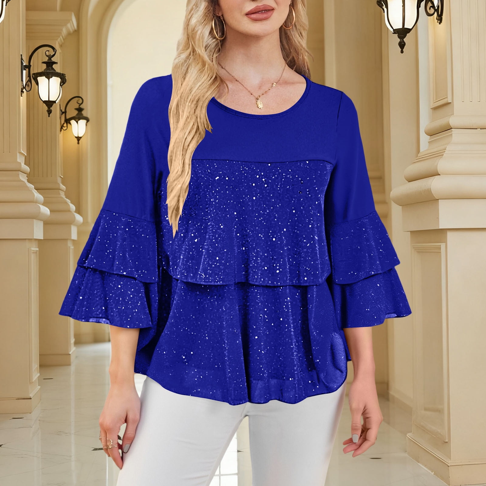 Abomasnow Womens Dressy Sparkly Peplum Tops 3/4 Sleeve Ruffles Elegant ...