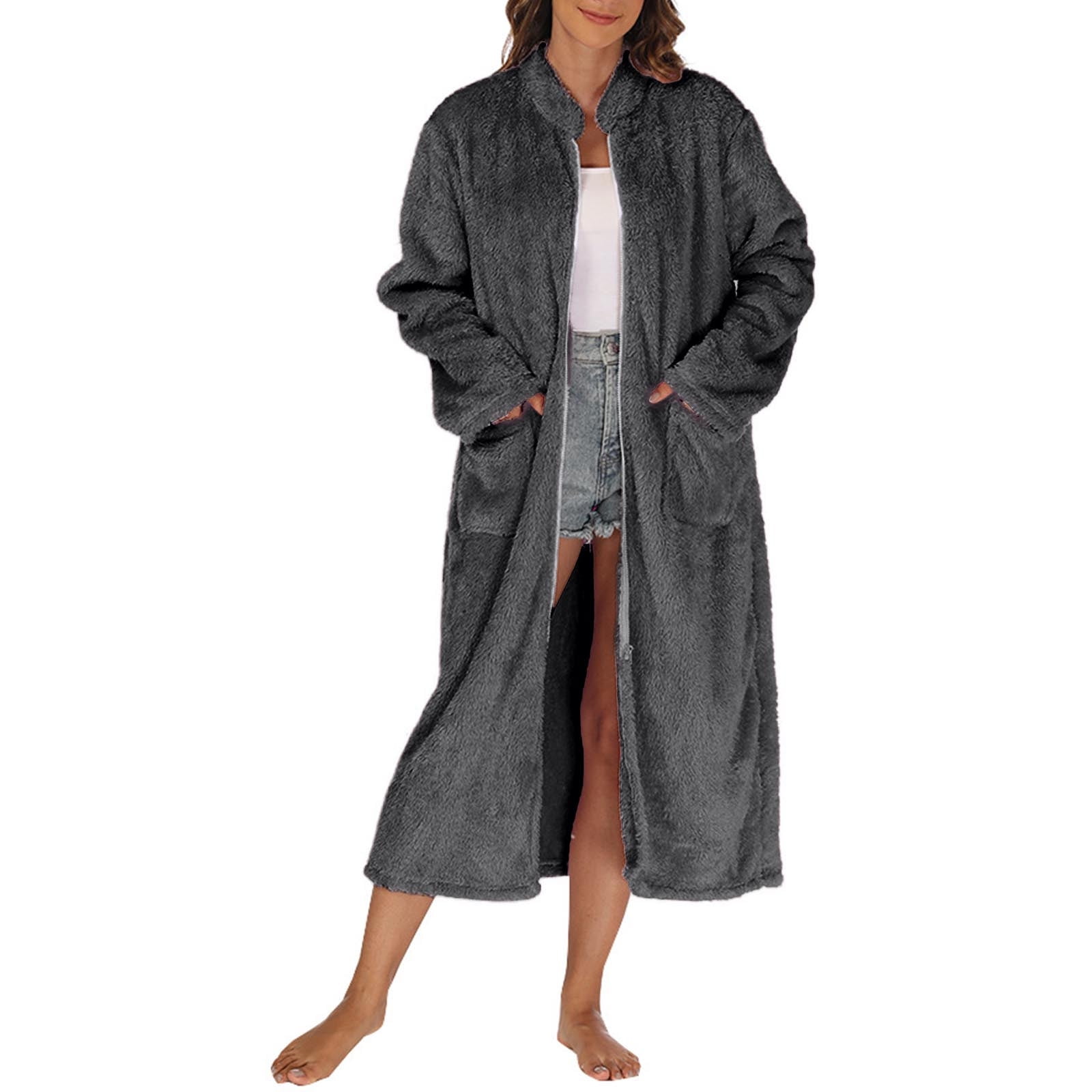 Abomasnow Womens Fleece Robes Loose Long Sleeve Mock Neck Zip Up ...