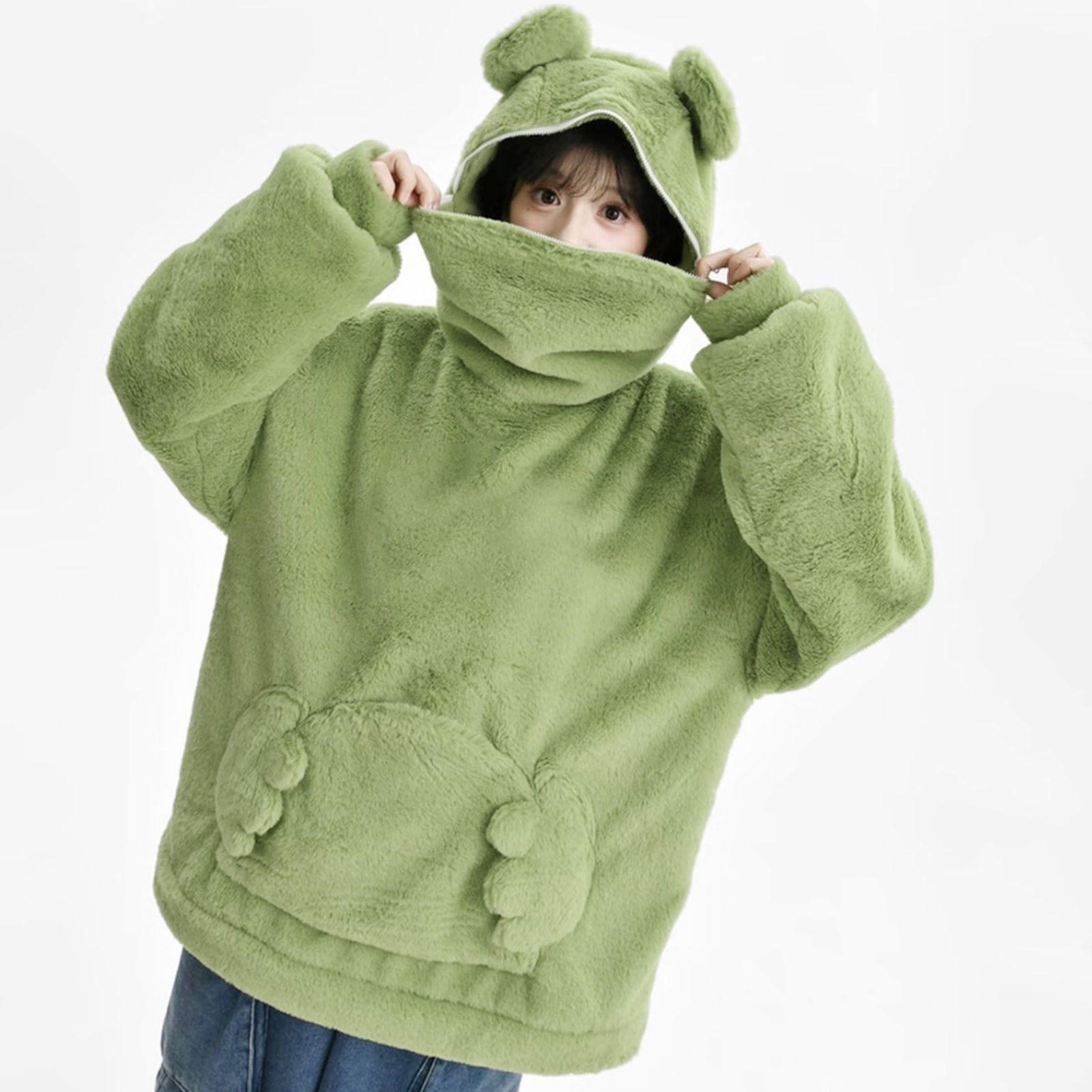 Abomasnow Womens Novelty Frog Hoodies Long Sleeve Zipper Mouth Fuzzy ...