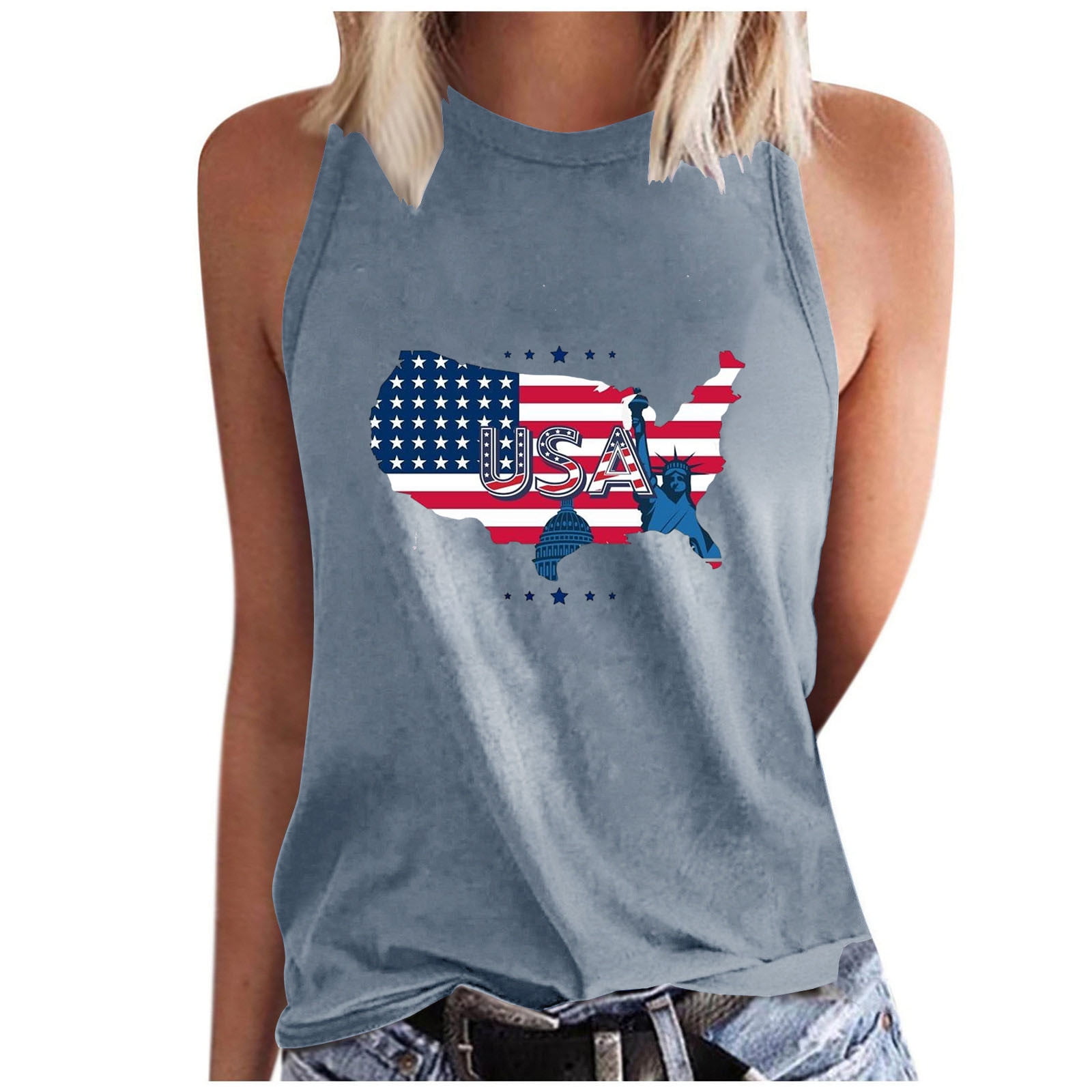 Abomasnow Womens American Flag Graphic Tank Tops Sleeveless Round Neck Loose Tshirts Patriotic ...