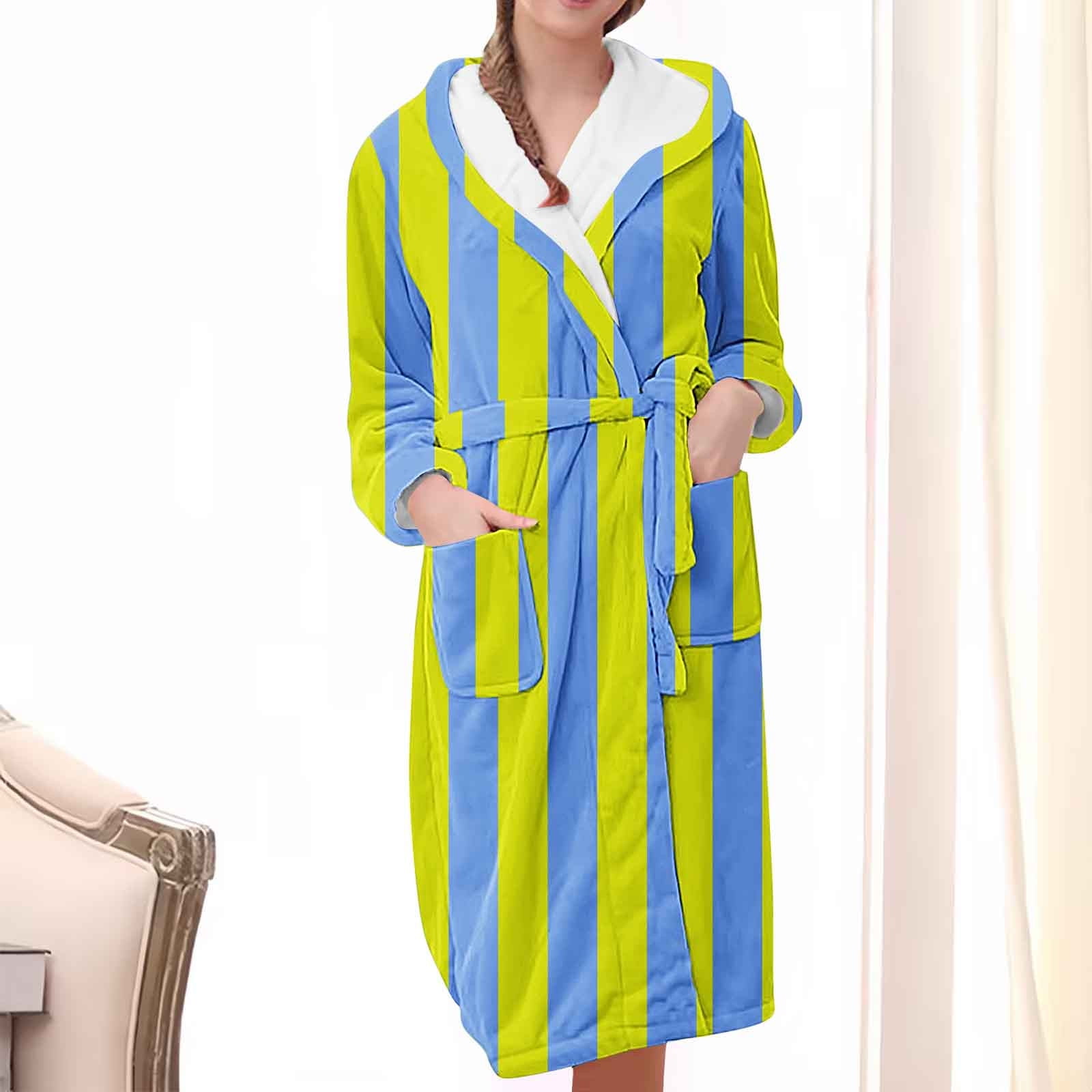 Abomasnow Womens Striped Plush Hooded Robe Colorblock Fleece Cozy Warm ...