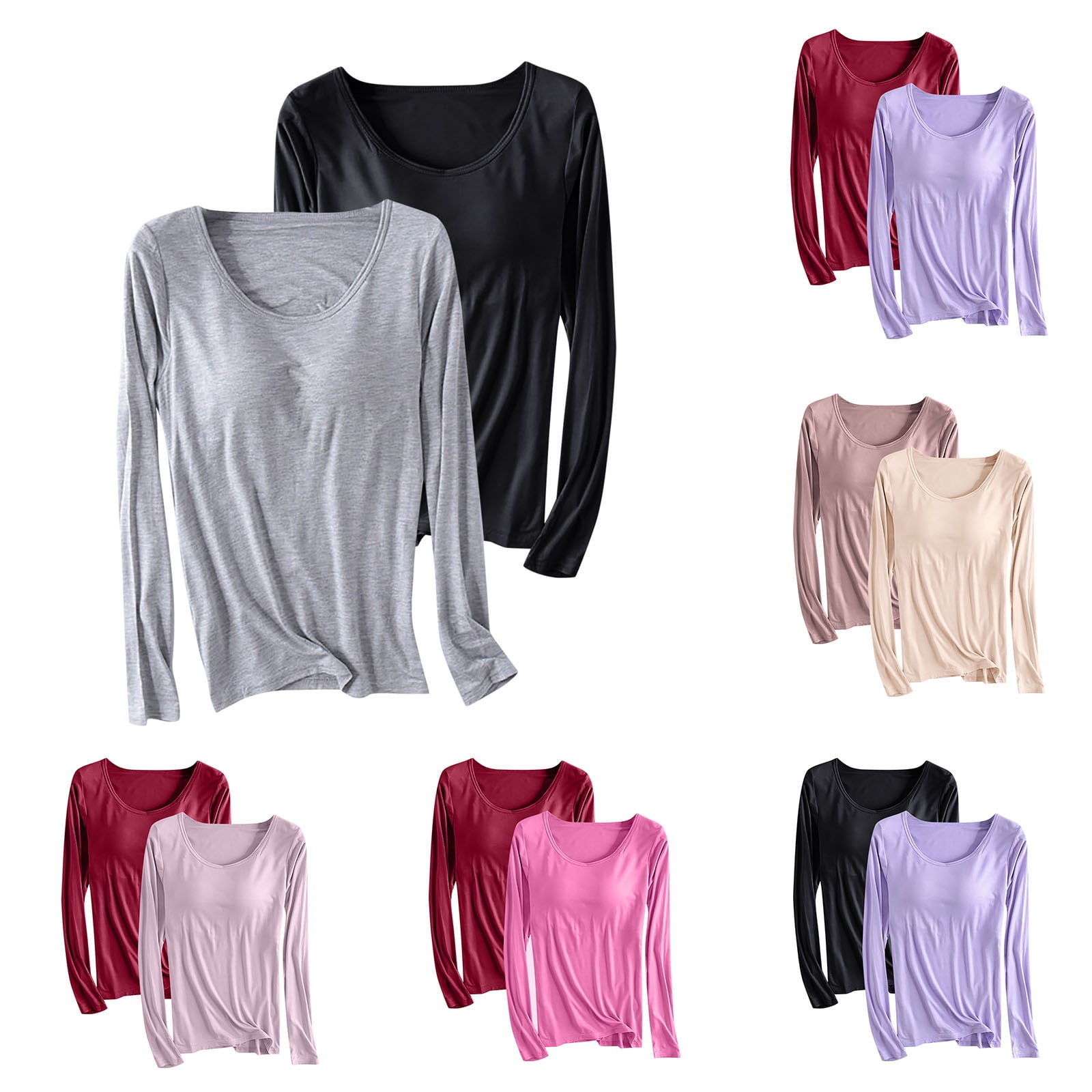 Aboser 2 Pack Long Sleeve Shirts for Women with Built in Bras Wireless ...
