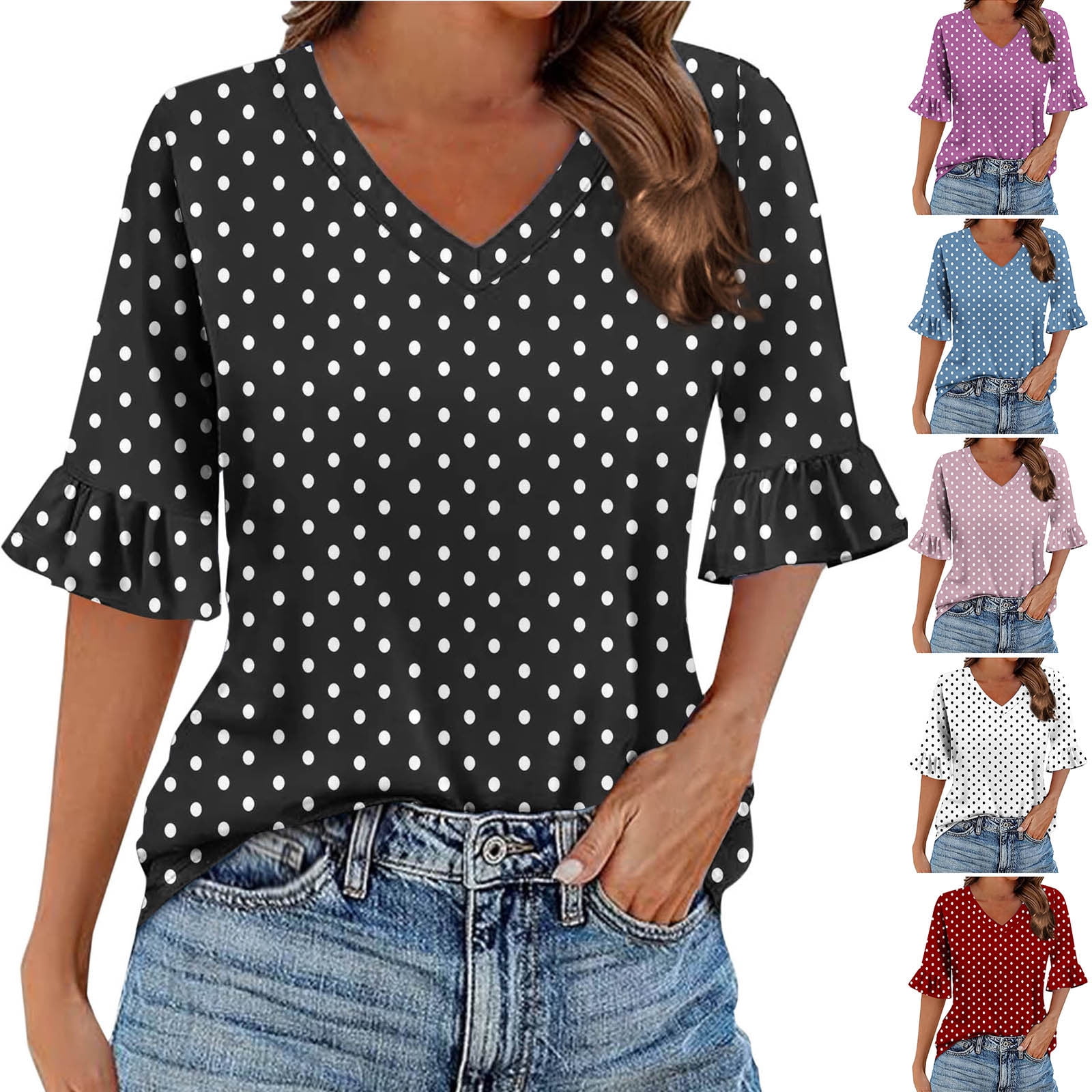 Aboser 3/4 Length Sleeve Womens Shirts Polka Dots Print Tops Vintage ...