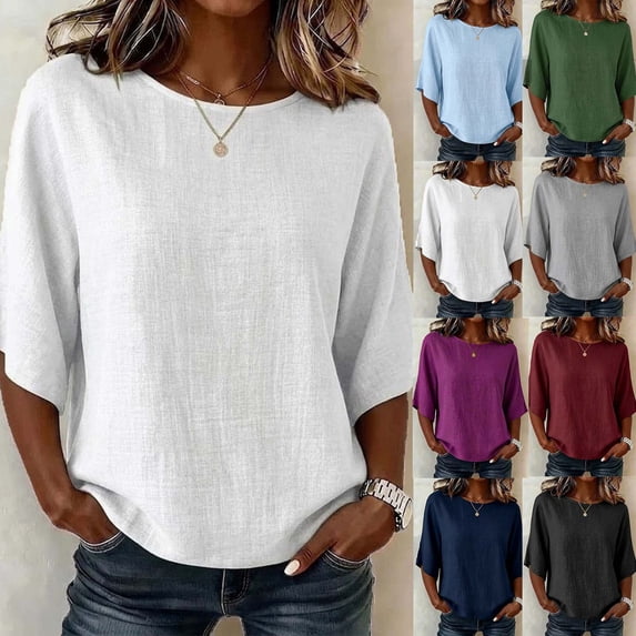 Aboser 3/4 Sleeve Cotton Linen Tops for Women Classic Fit Plain Shirts ...