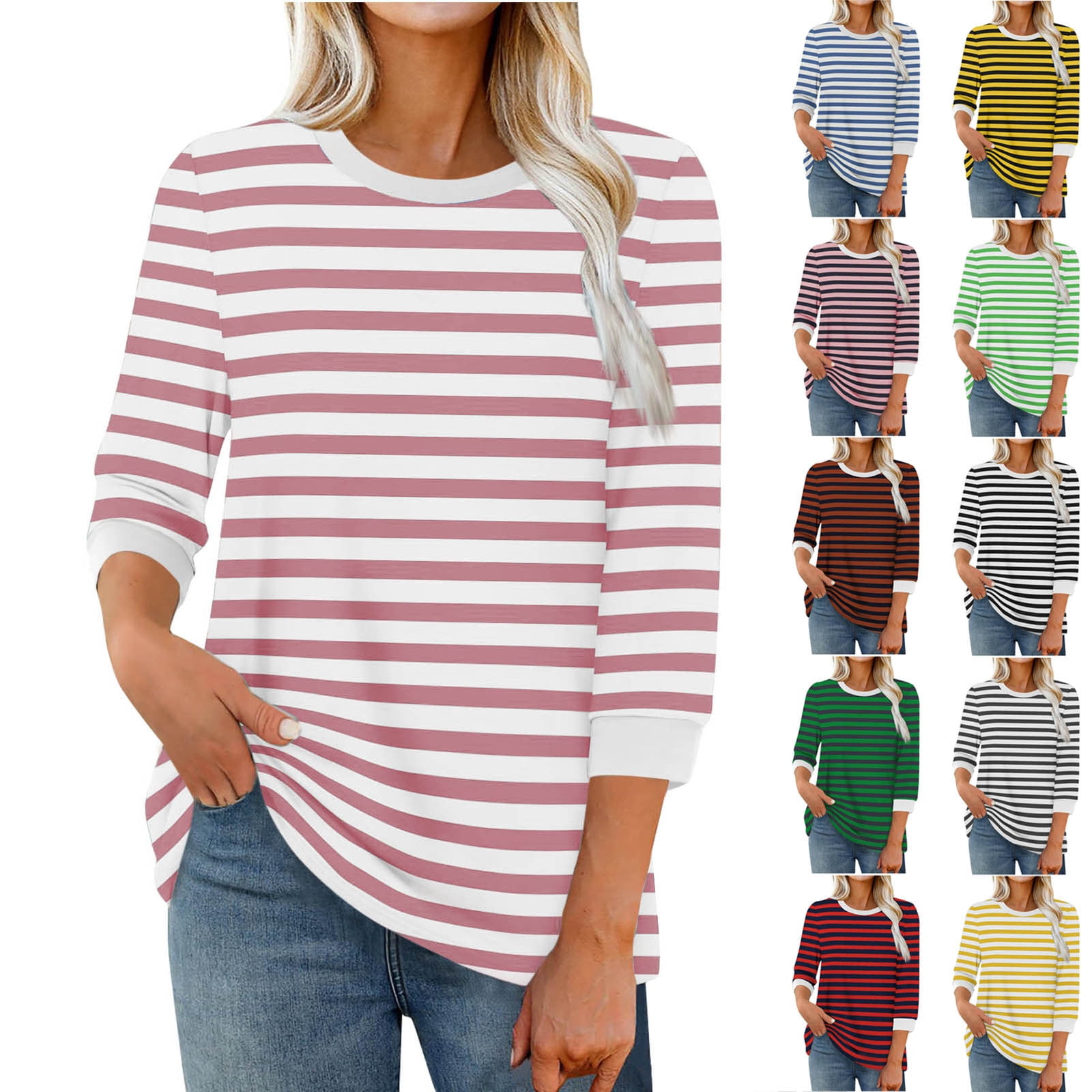 Aboser 3/4 Sleeve Stripes Tops for Women Cute T Shirts Cozy Soft ...