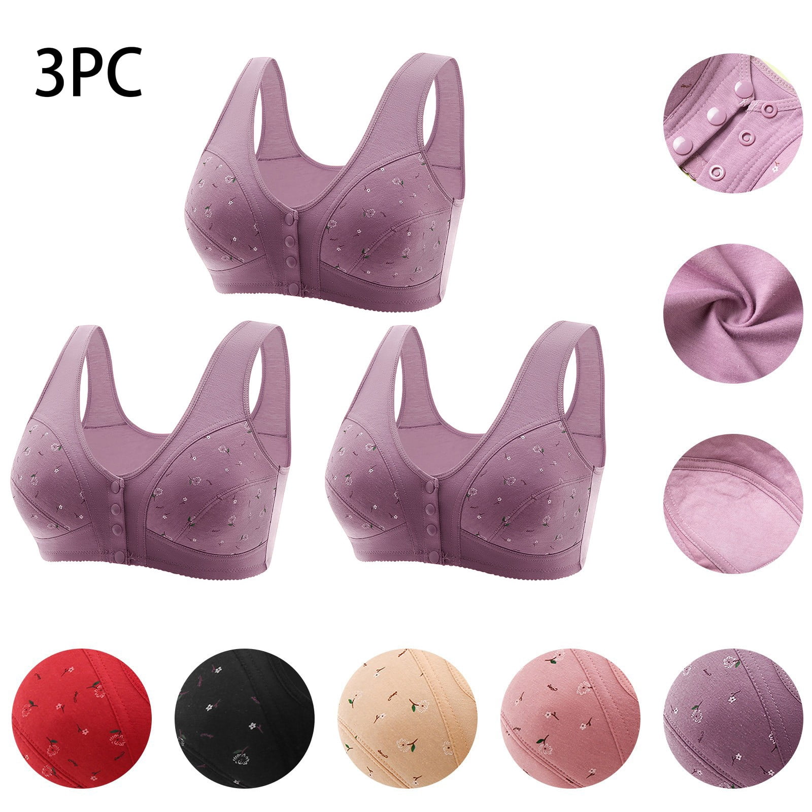 Aboser 3 Pack Wireless Daisy Bras for Senior Women Plus Size Front ...