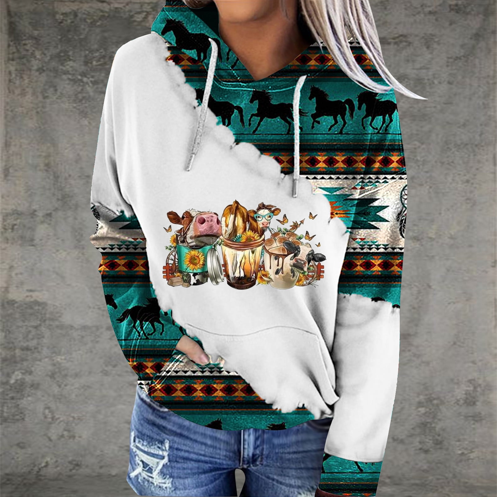 Aboser Aztec Geometric Hoodie For Women Western Ethnic Print