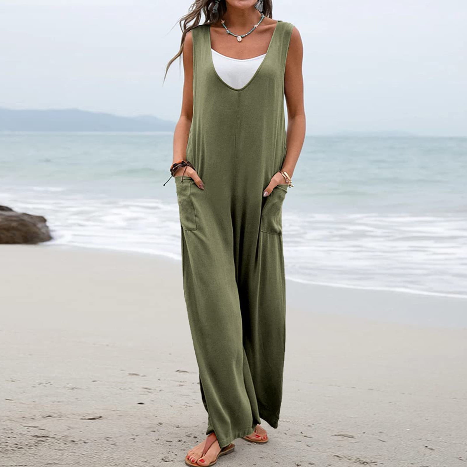Aboser Baggy Jumpsuits for Women 2024 Summer Wide Leg Rompers Dressy V ...