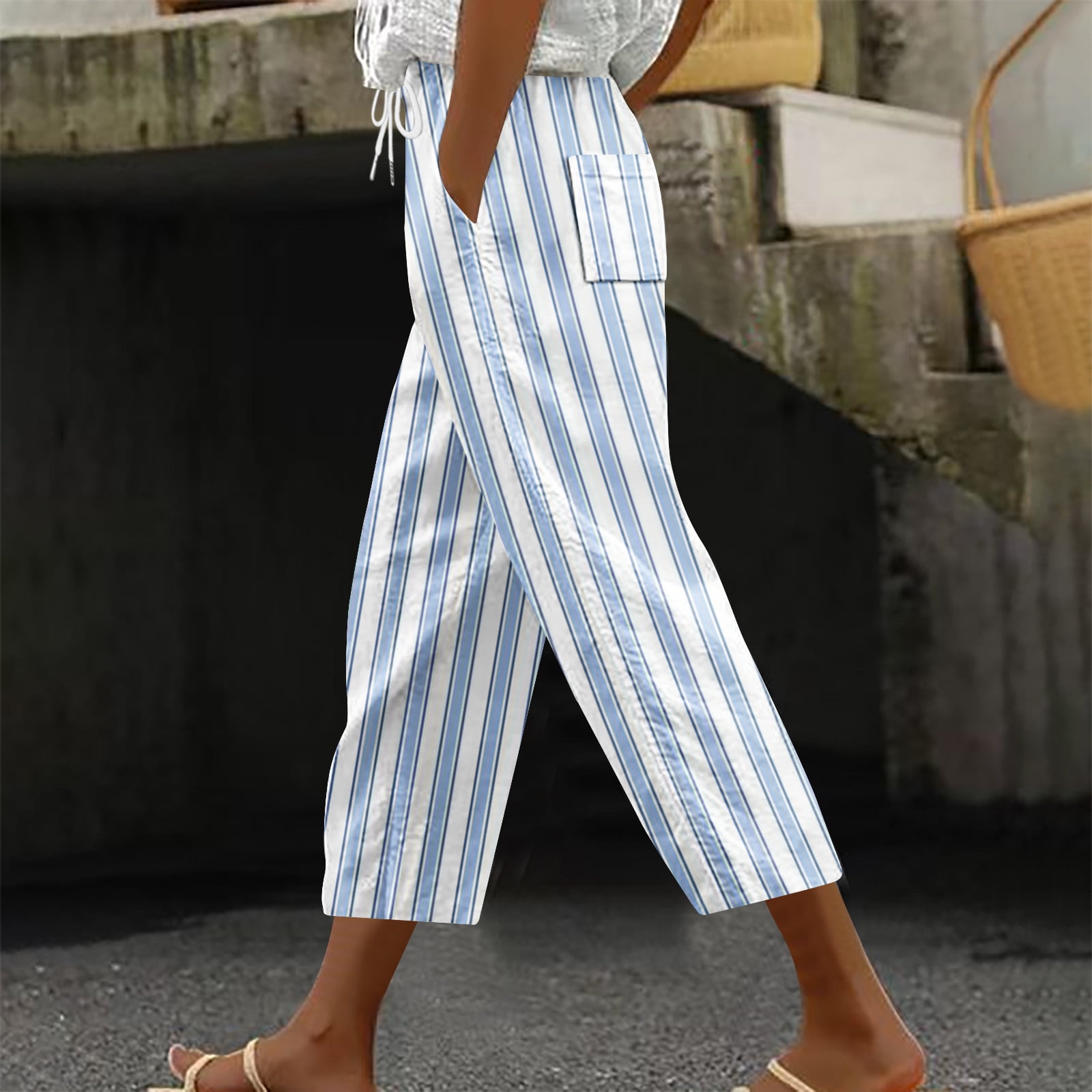 Aboser Blue Striped Pants for Women Dressy Harem Capri Pants Loose Wide ...