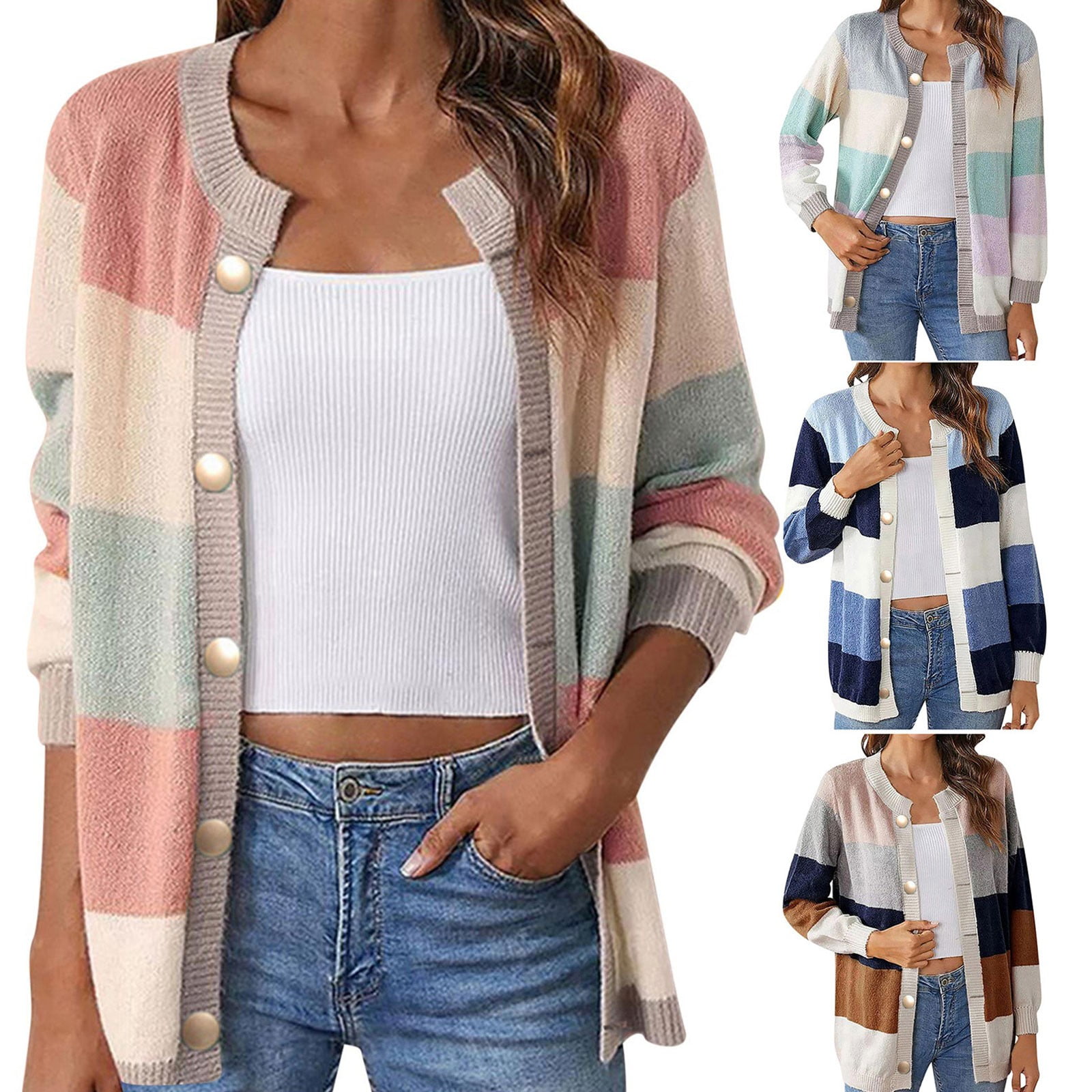 Aboser Button Down Cardigan Sweaters for Women Trendy Color Block ...