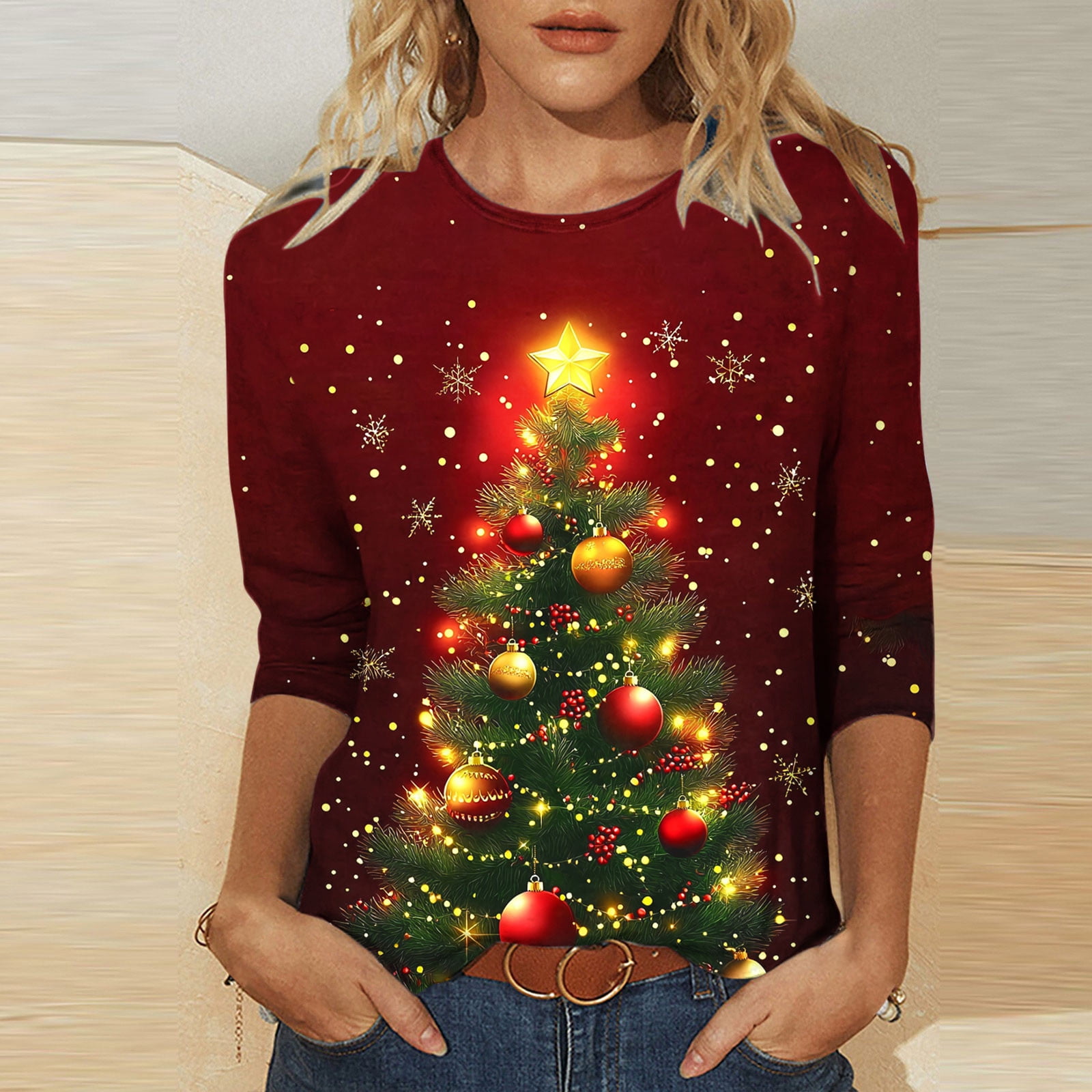 Aboser Christmas Graphic Tees for Women 3/4 Sleeve Crewneck Shirts ...