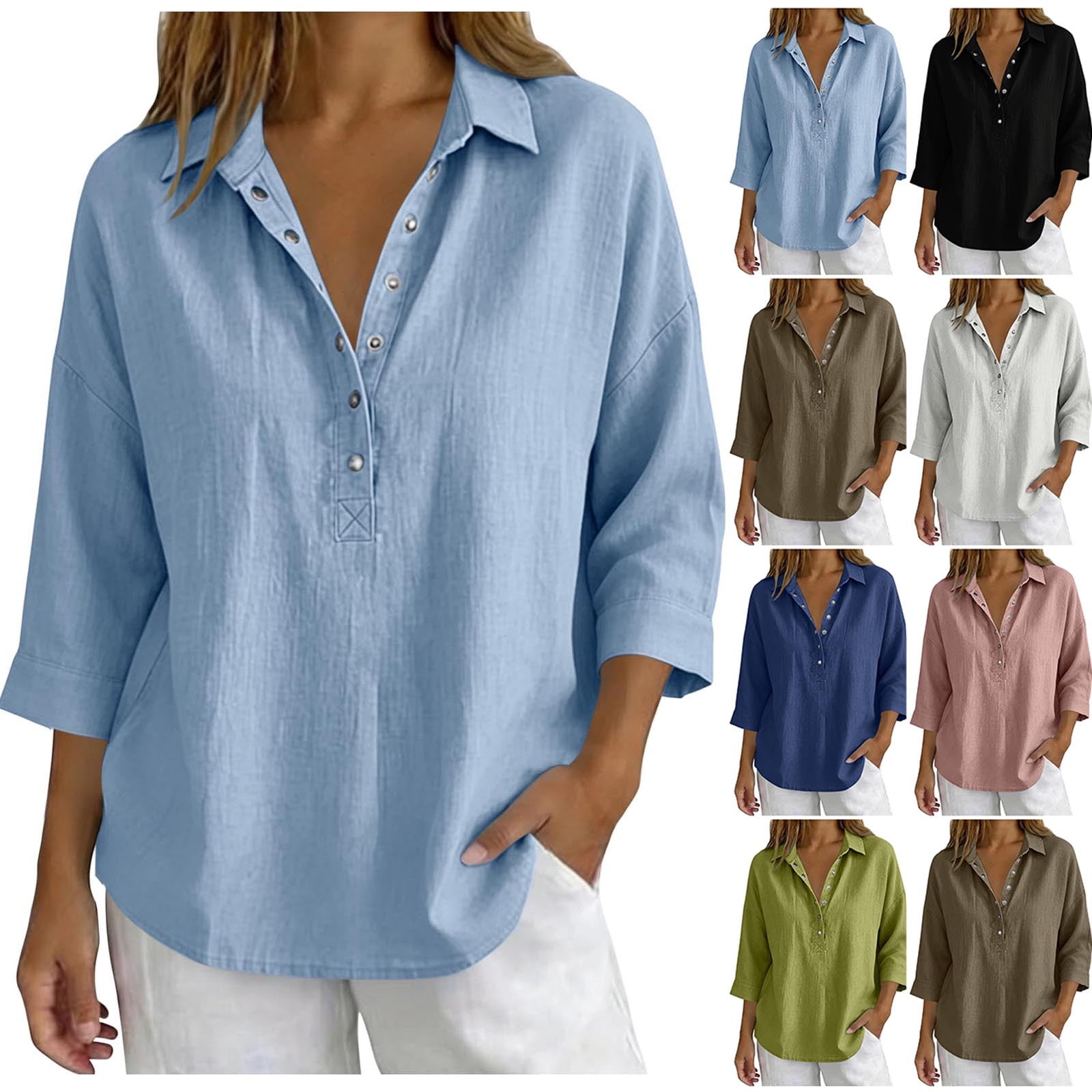 Aboser Cotton Linen 3/4 Sleeve Shirts for Women Dressy Casual Button ...