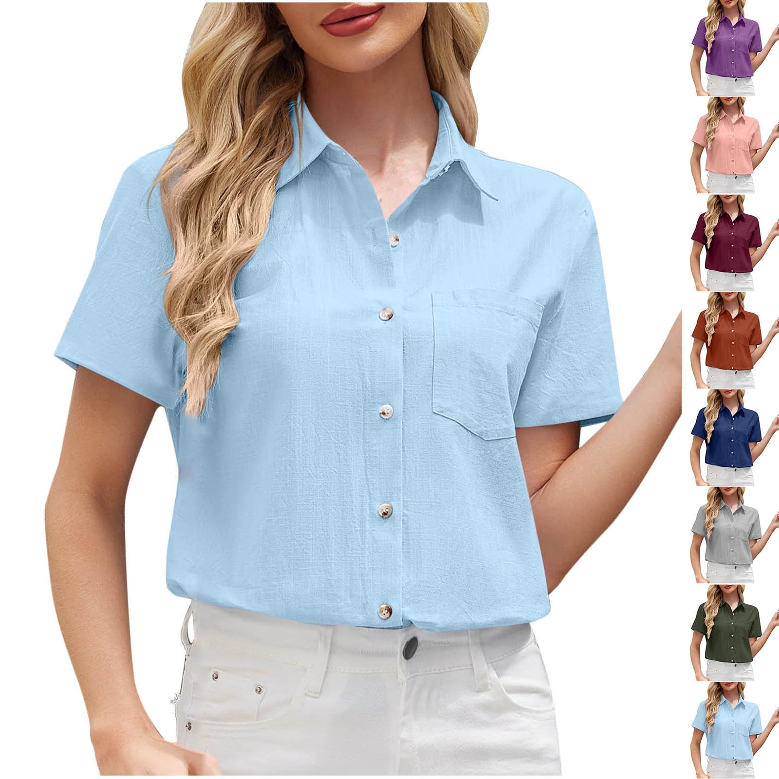 Aboser Cotton Linen Shirts for Women Button Down Short Sleeve Tops ...
