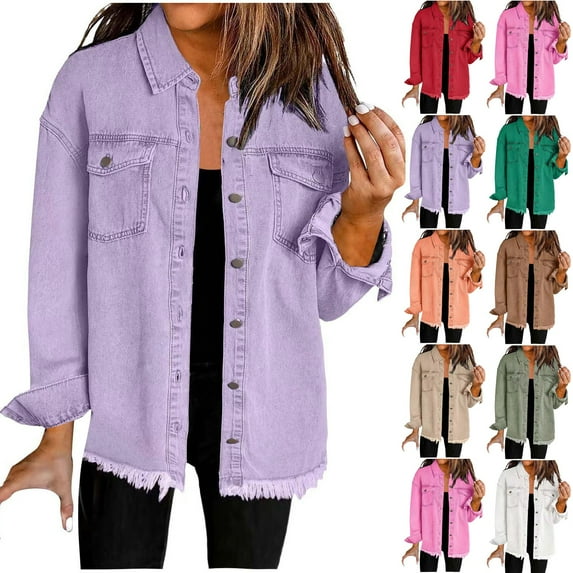 Aboser Denim Jackets for Women Button Down Frayed Jacket Western ...