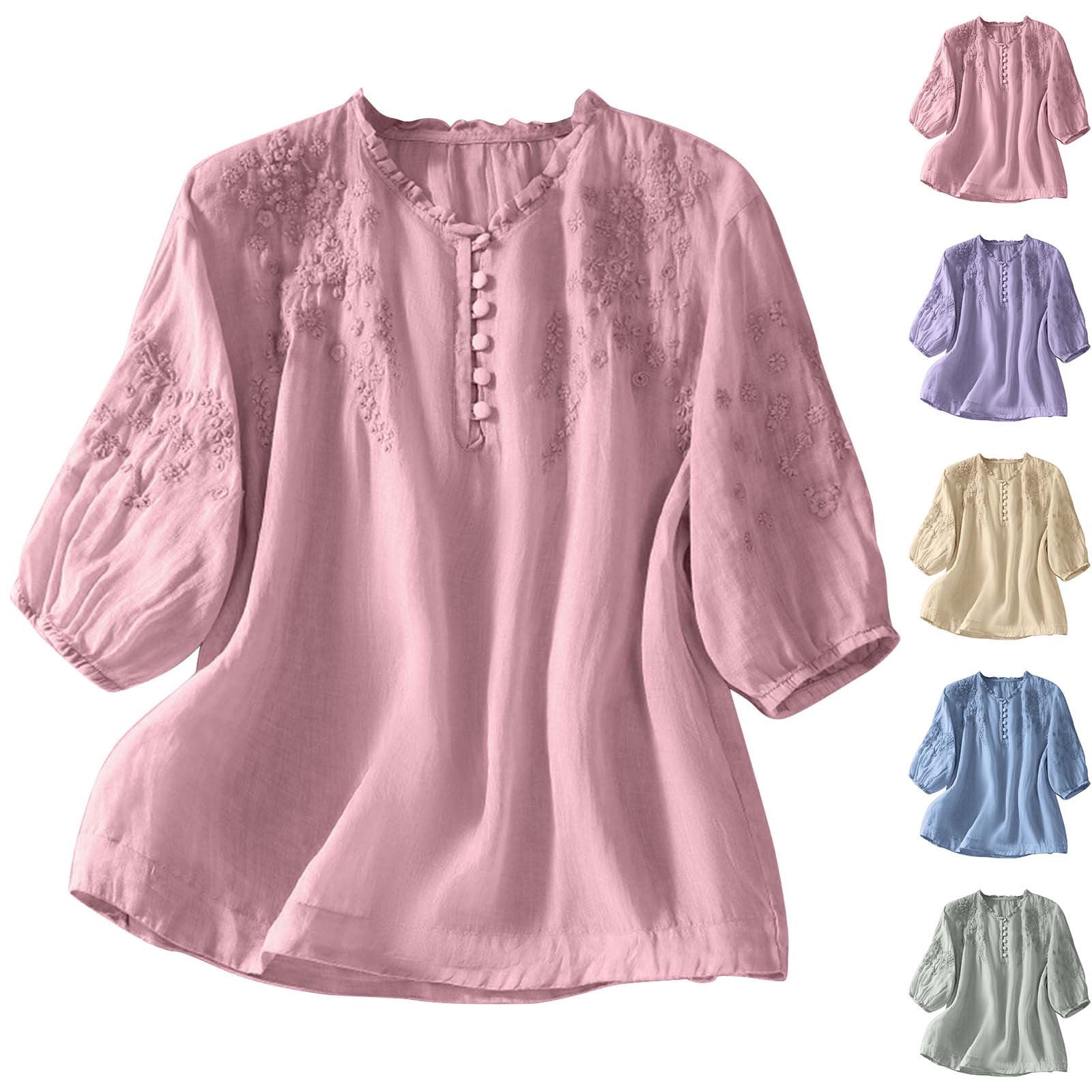 Aboser Embroidered Blouses for Women Vintage Cotton Linen Tops Dressy ...