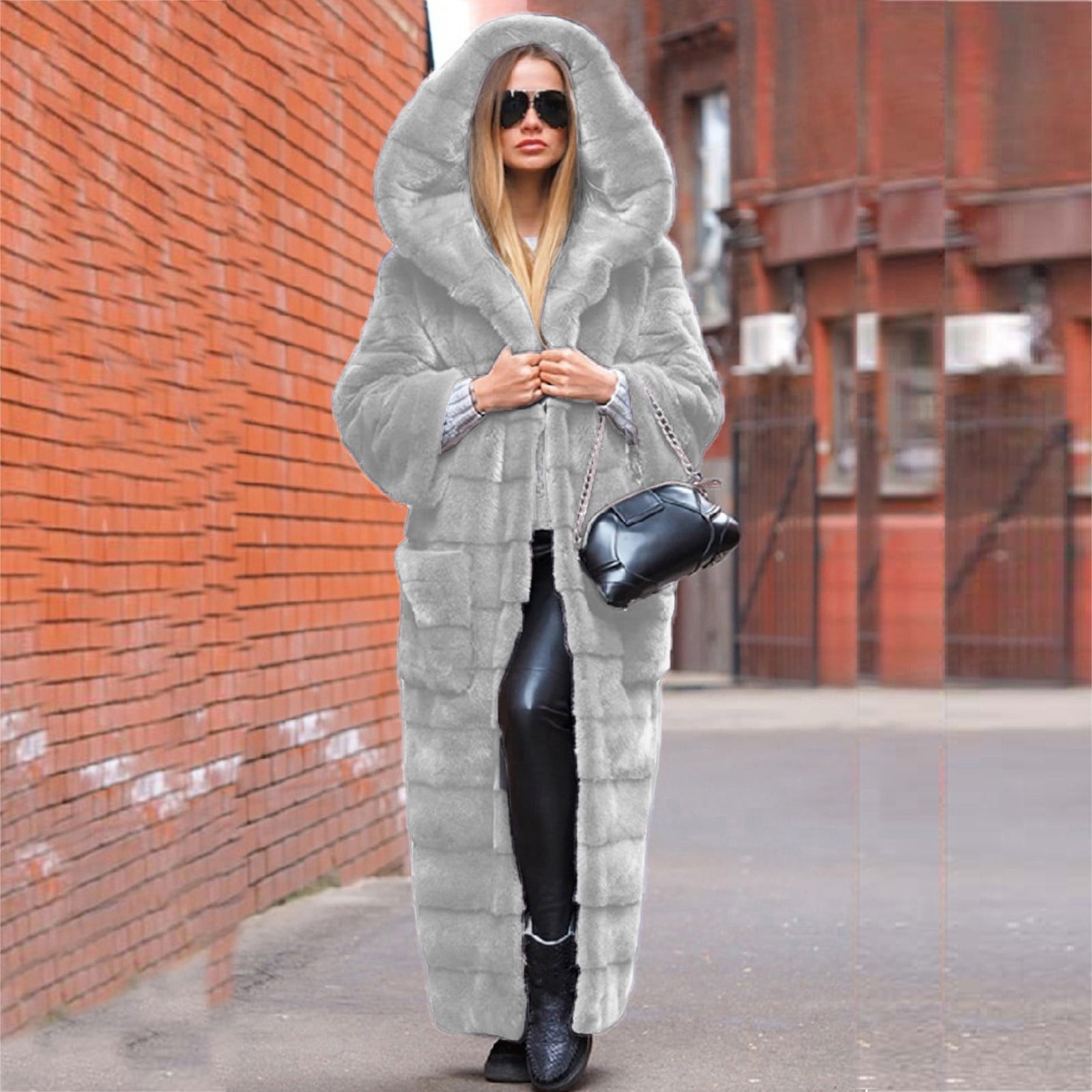 Aboser Faux Fur Coats for Women Plus Size Hooded Jacket Maxi Length ...
