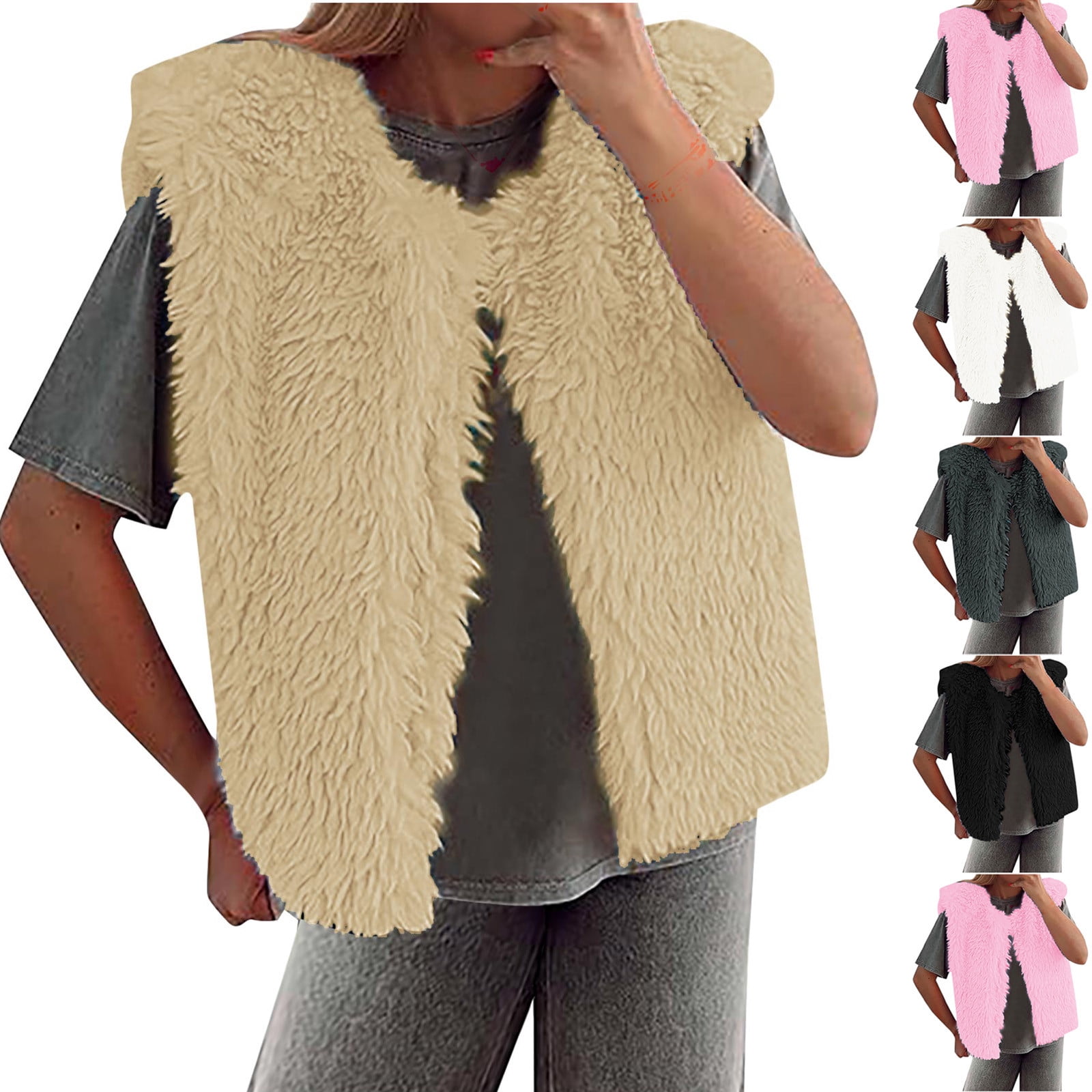 Aboser Faux Fur Fleece Vest for Women Shaggy Open Front Cardigan Warm ...