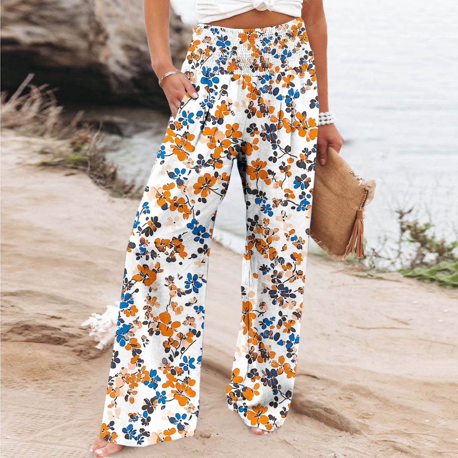 Aboser Floral Print Linen Pants for Women Wide Leg Lounge Pants Trendy ...