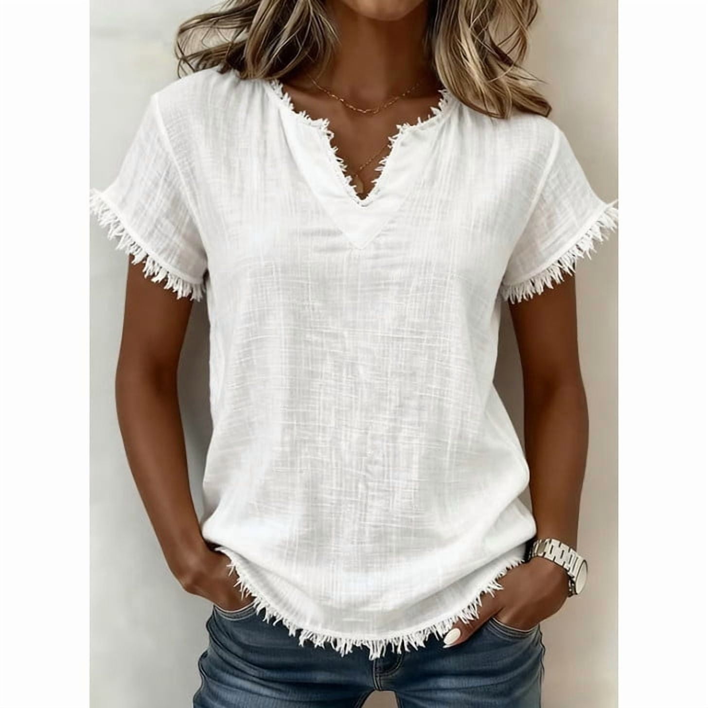 Aboser Fringe Edge Tops for Women Trendy Short Sleeve T Shirts Casual ...