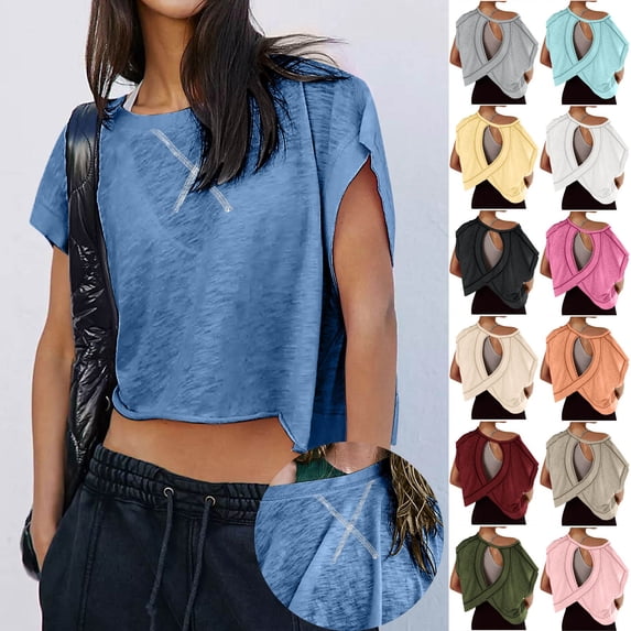 Aboser Open Back Tops for Women Y2k Short Sleeve Workout Shirts ...
