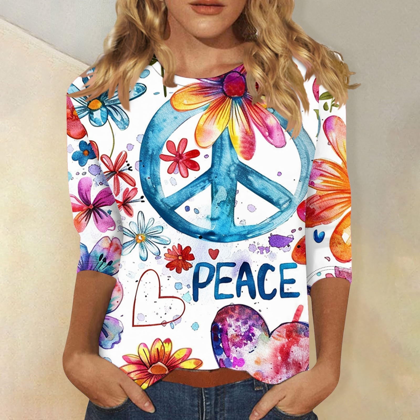Aboser Peace Sign Hippie Shirts for Women 3/4 Length Sleeve Tops ...
