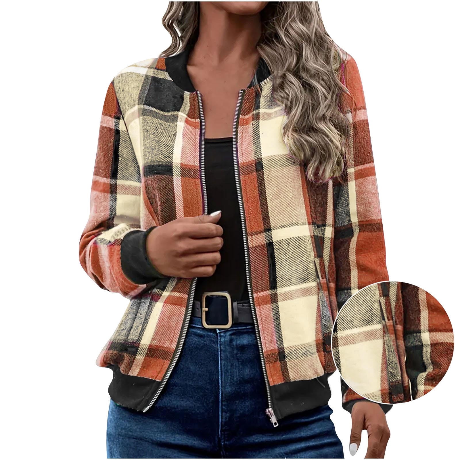 Aboser Plaid Bomber Jackets for Women Retro Chequered Print Windbreaker ...