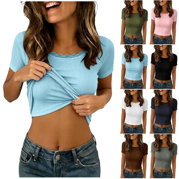 Aboser Ribbed Basic Shirts for Women with Built in Shelf Bras Cute Lace ...