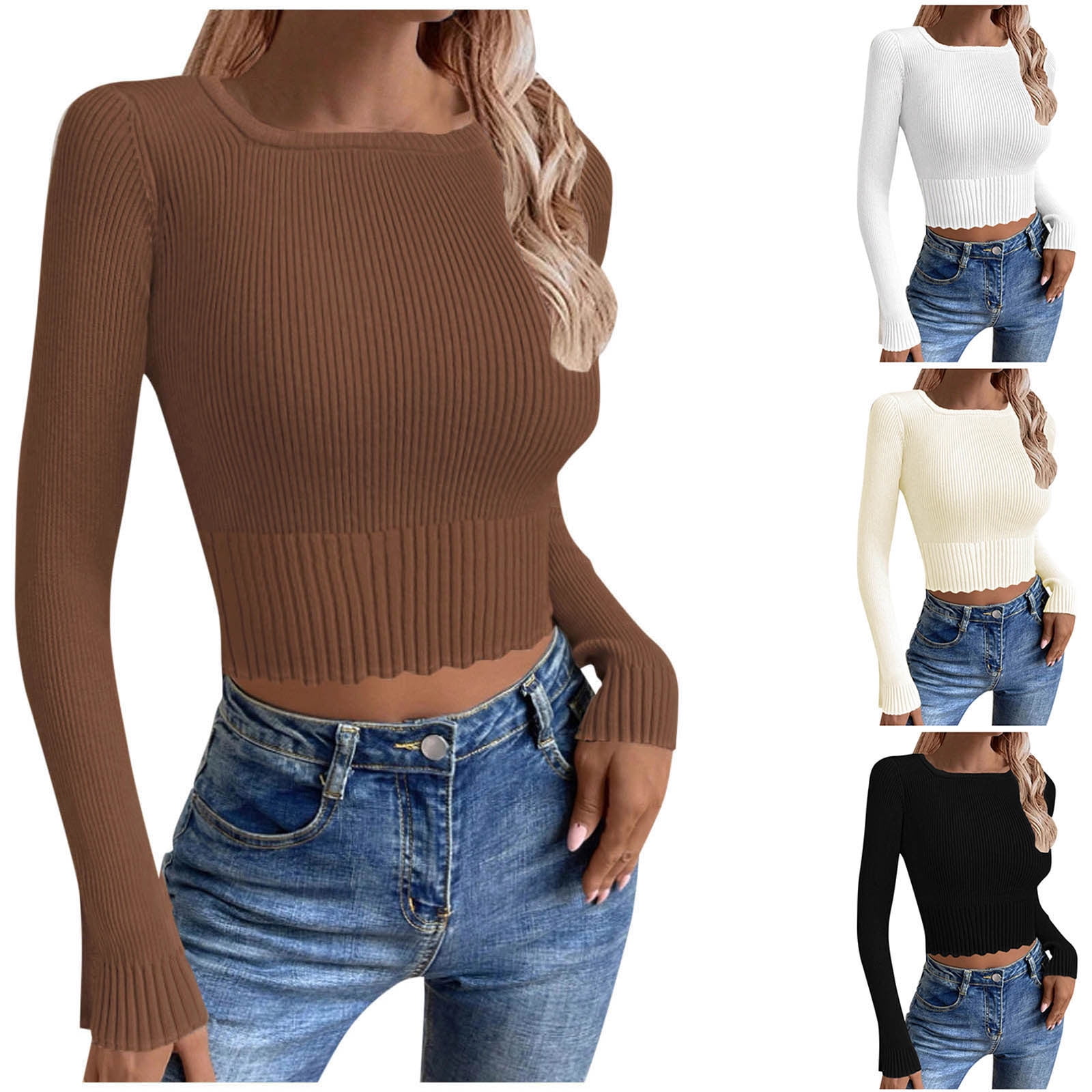 Aboser Ribbed Knit Crop Sweaters for Women Basic Shirts Stretchy Long ...