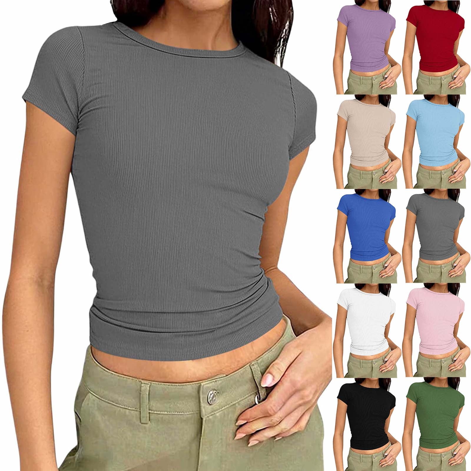 Aboser Ribbed Shirts for Women Short Sleeve Y2k Crop Tops Slim Fit Crewneck Basic Tees Solid ...