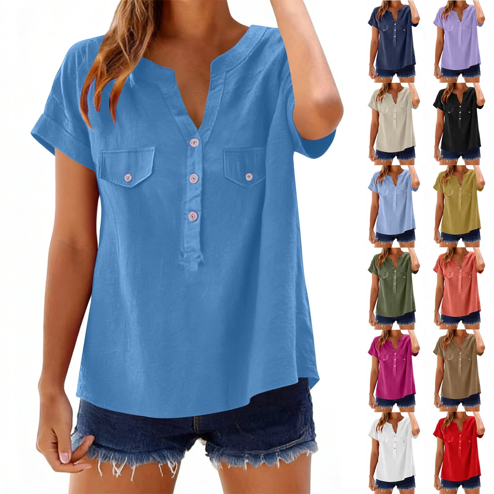 Aboser Short Sleeve Henley Shirts for Women Dressy Casual Button Up ...