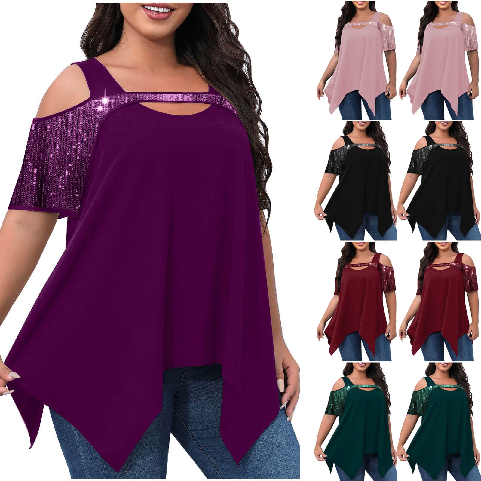 Aboser Sparkly Sequin Shirts Women Plus Size Party Tops Elegant Cold ...