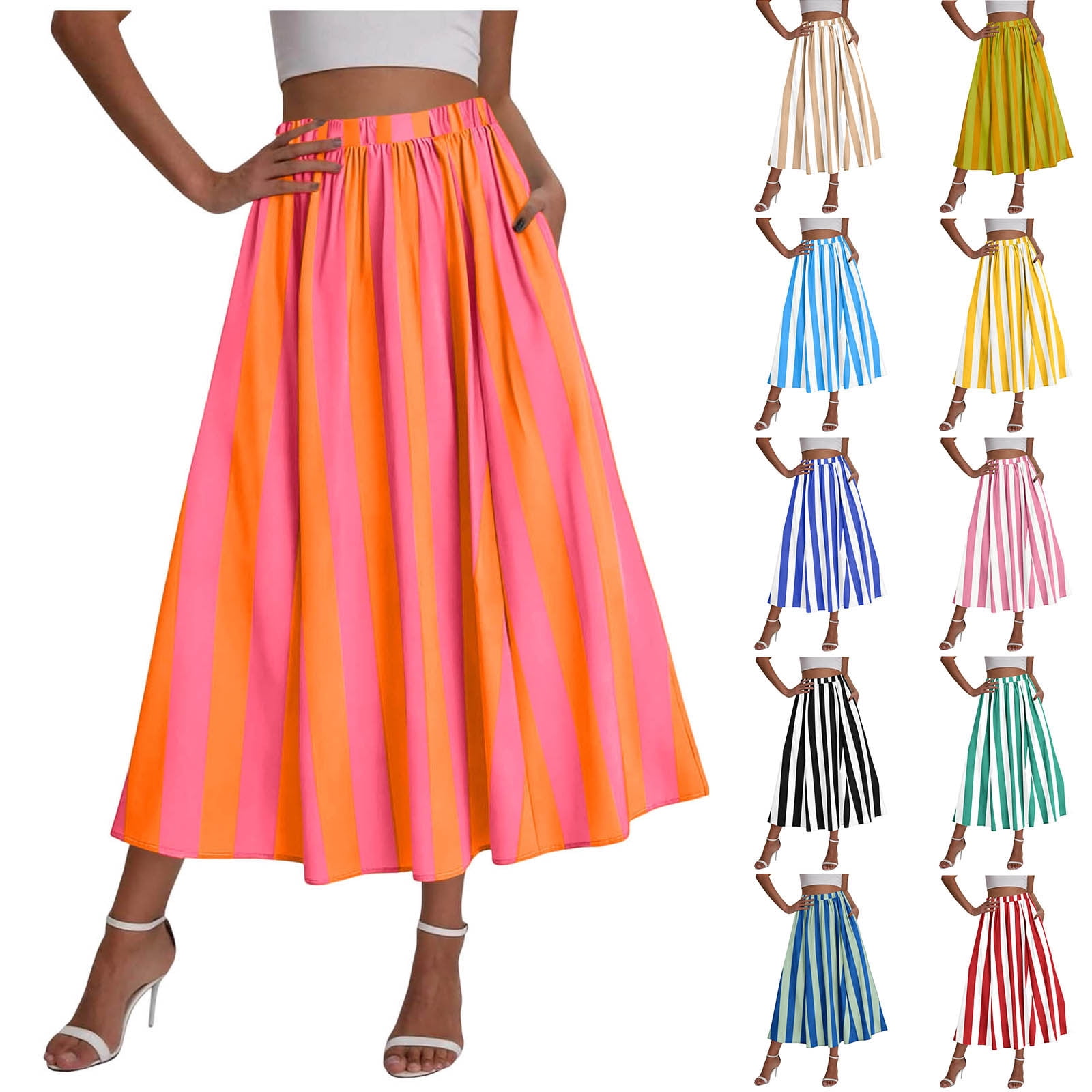 Aboser Striped Colorblock Skirts for Women Midi Length Beach Skirt ...