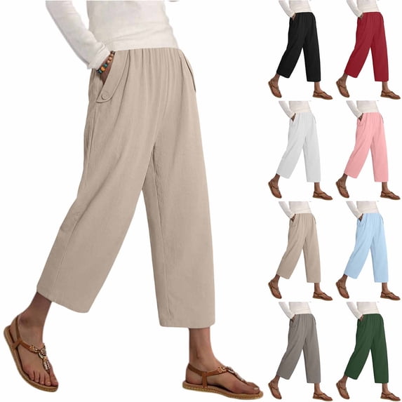 Aboser Summer Beach Capri Pants for Women with Pockets Elastic Waist ...