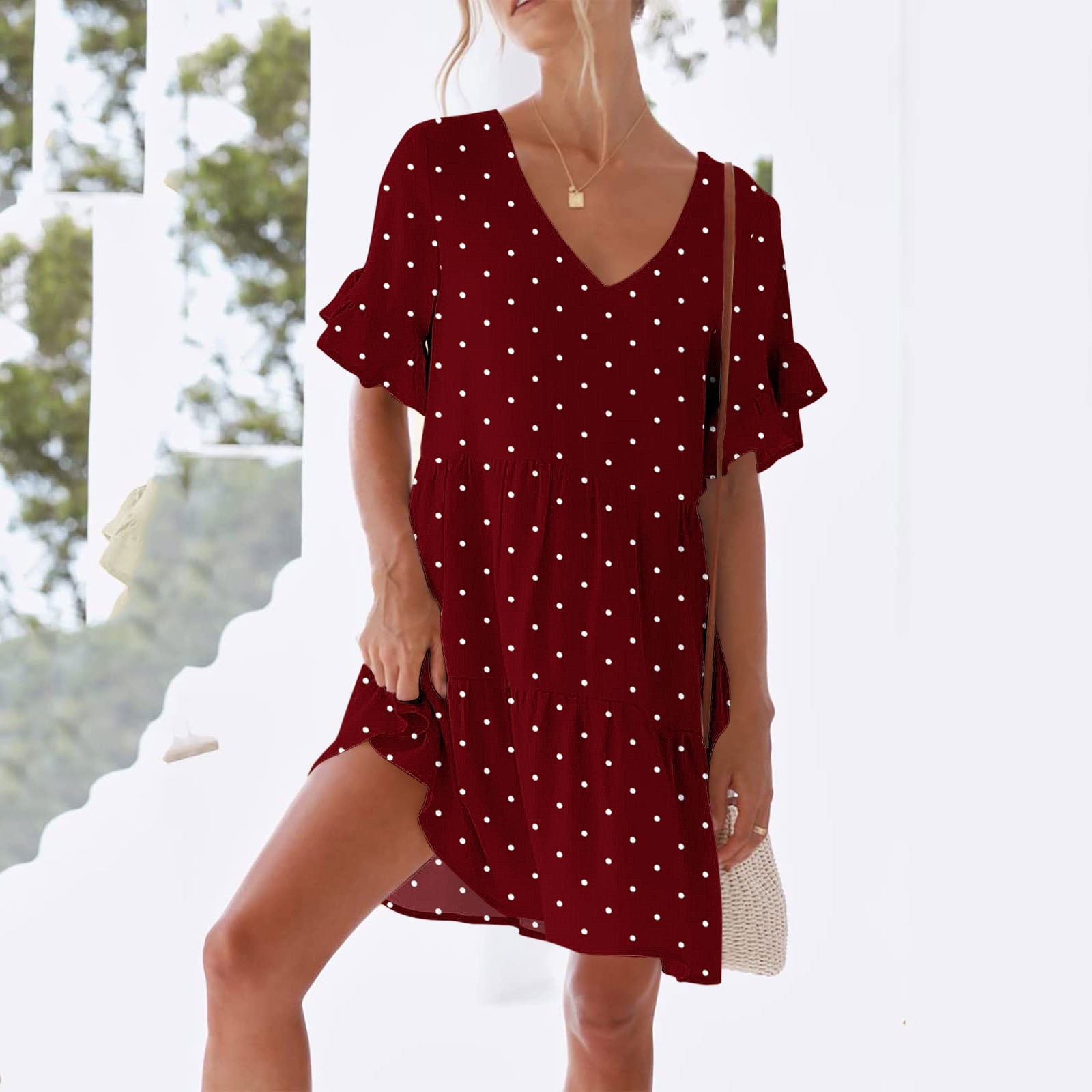 Aboser Summer Dresses for Women Ruffles Short Sleeve Dress Loose V Neck ...