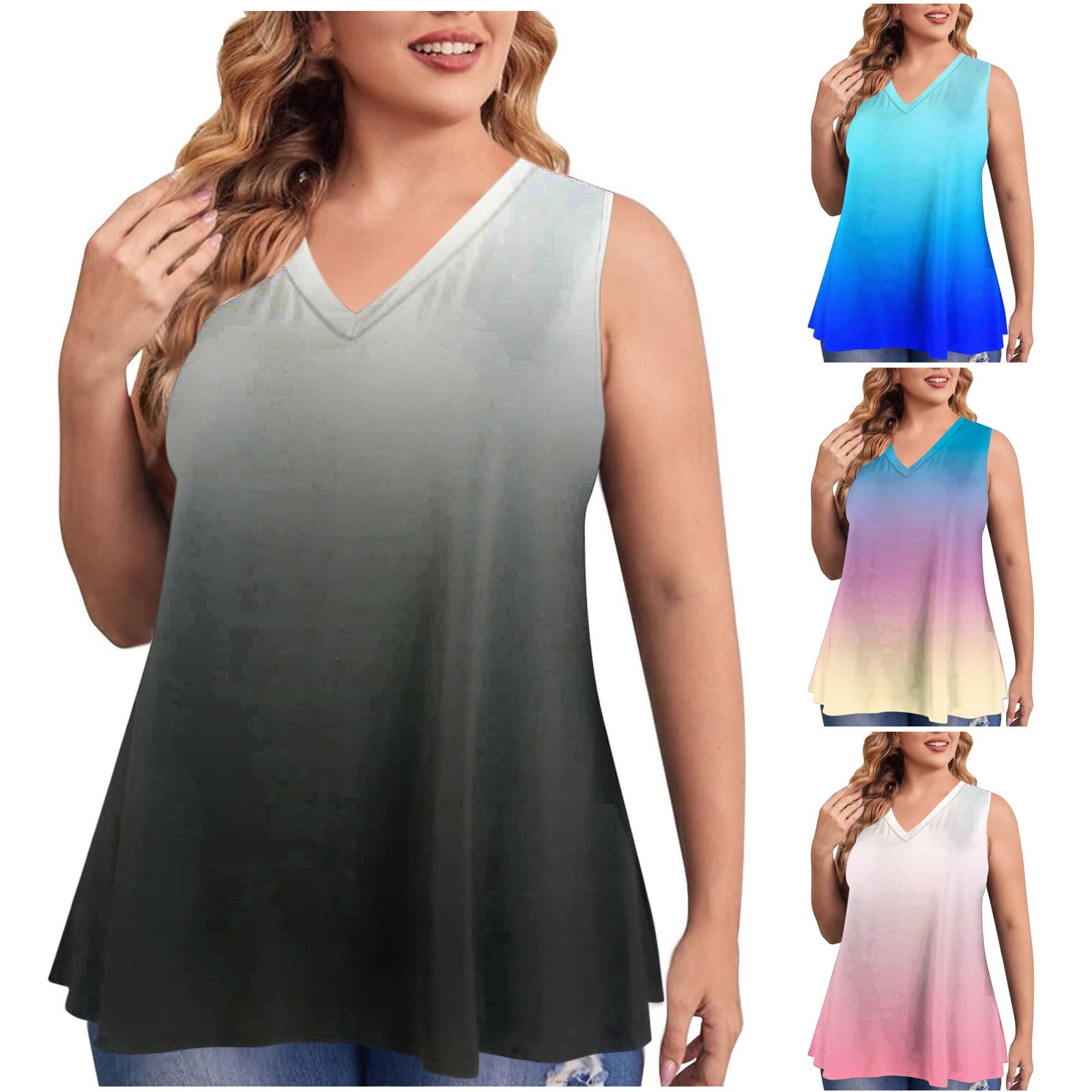 Aboser Summer V Neck Tank Tops for Women Plus Size Sleeveless T Shirts Trendy Tie Dye Graphic ...